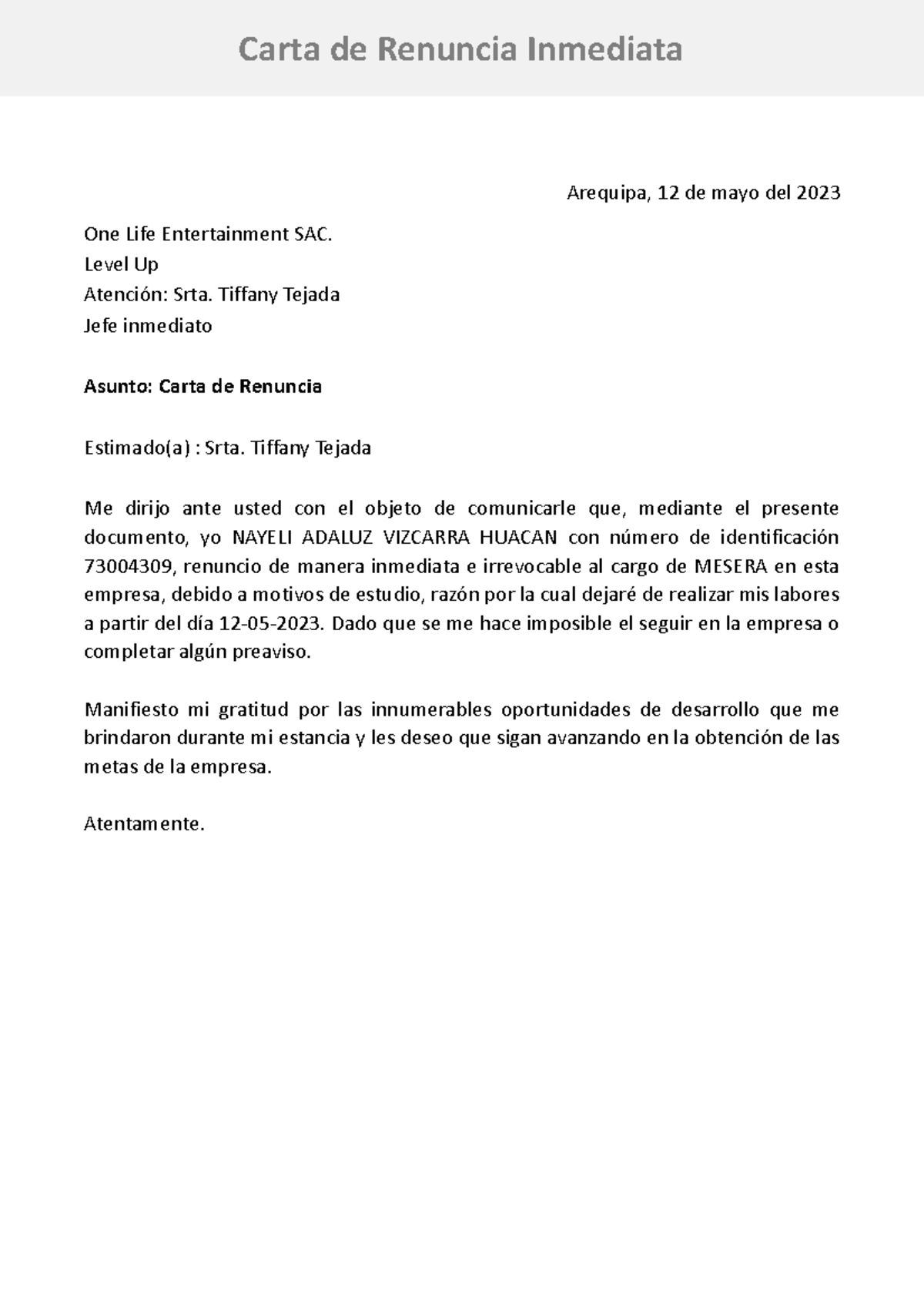 28 modelo carta de renuncia inmediata - Arequipa, 12 de mayo del 2023 ...