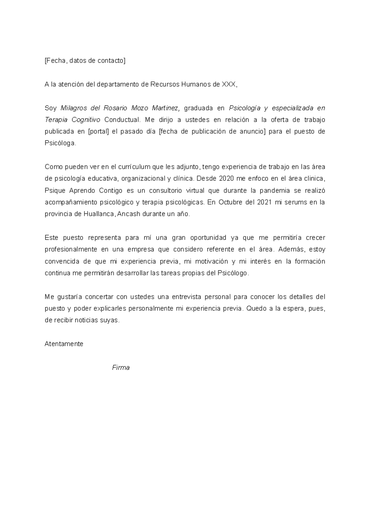 Carta presentación - [Fecha, datos de contacto] A la atención del ...