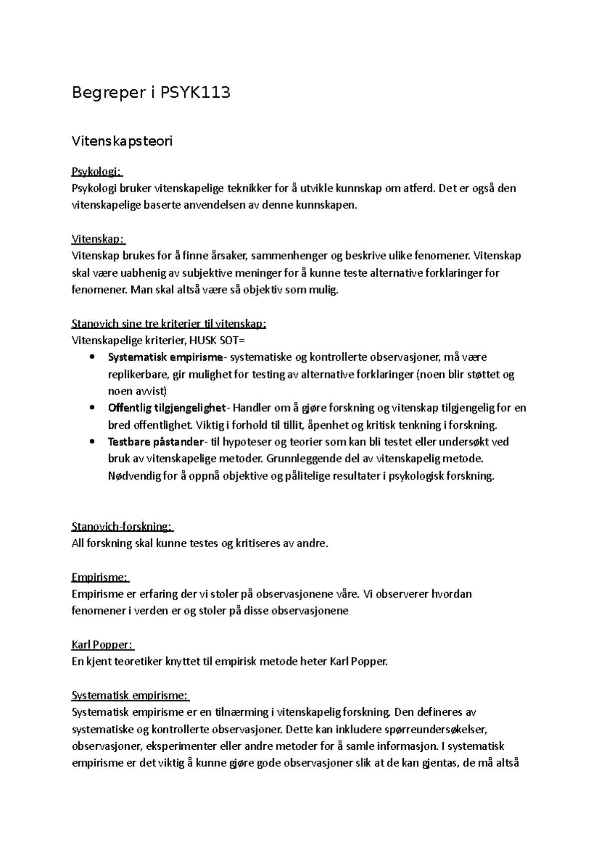 Begreper PSYK113- vitenskapsteori - Begreper i PSYK Vitenskapsteori ...