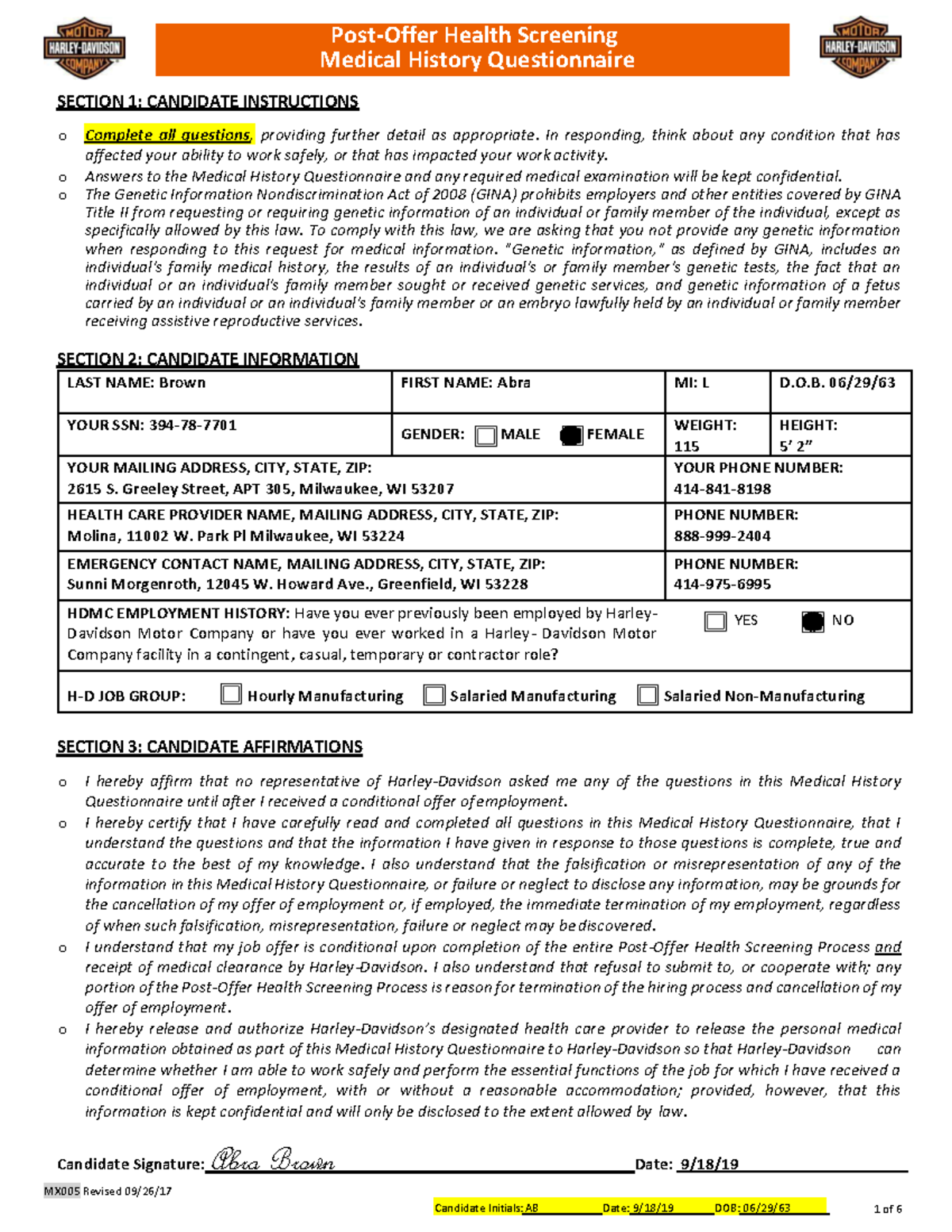 Medical Questionnaire (Abra Brown - Completed) - Post-Offer Health ...