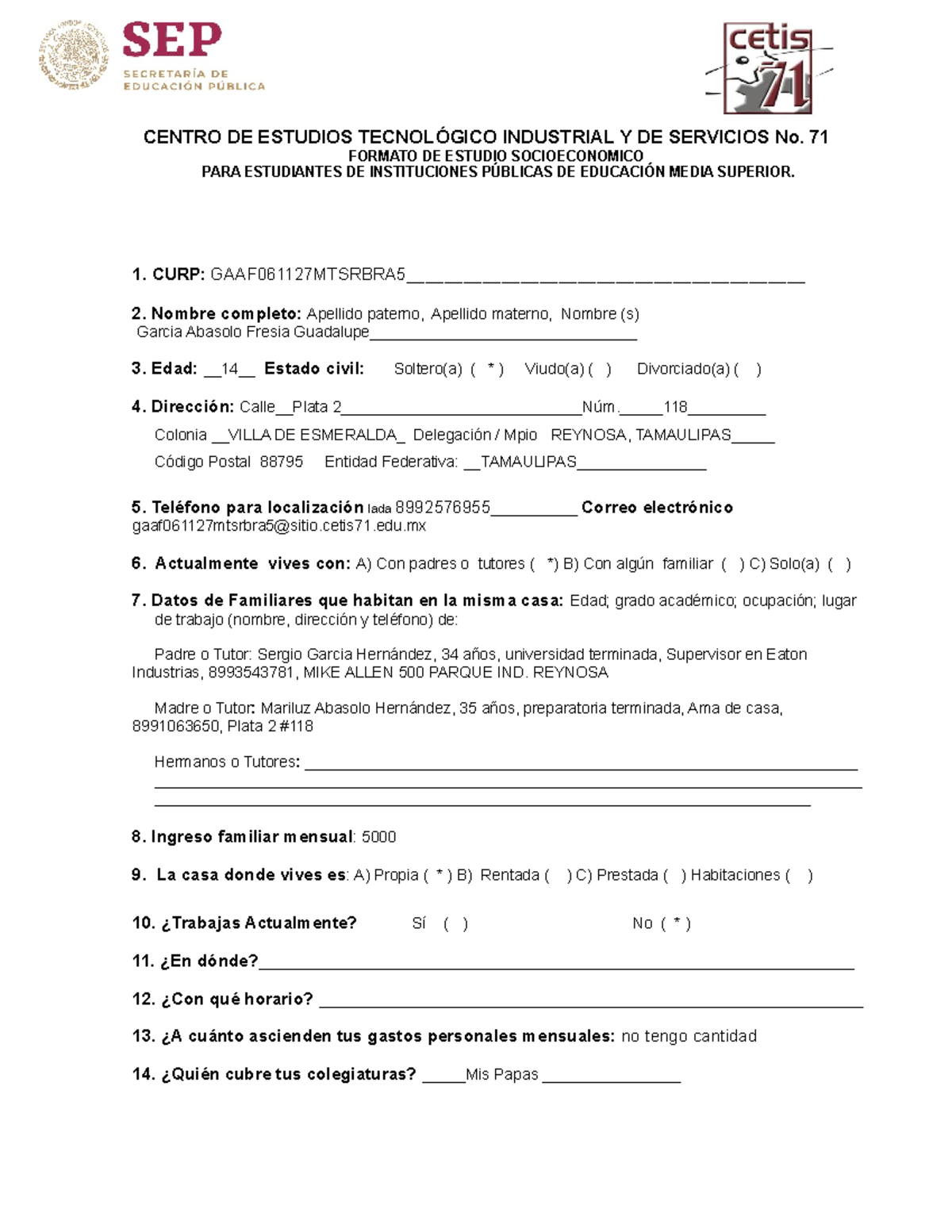 Formato DE Estudio Socioeconomico - CENTRO DE ESTUDIOS TECNOLÓGICO ...