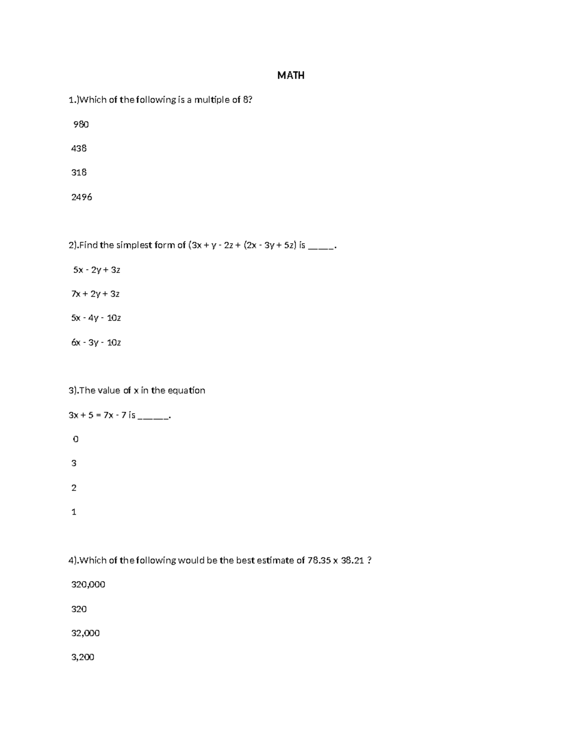 Ustet Practice Test All Subject - MATH 1.)Which of the following is a ...