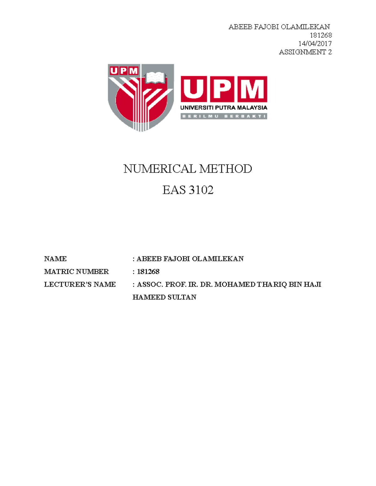 Using Naive Gauss Elimination Method - 181268 14/04/ ASSIGNMENT 2 ...