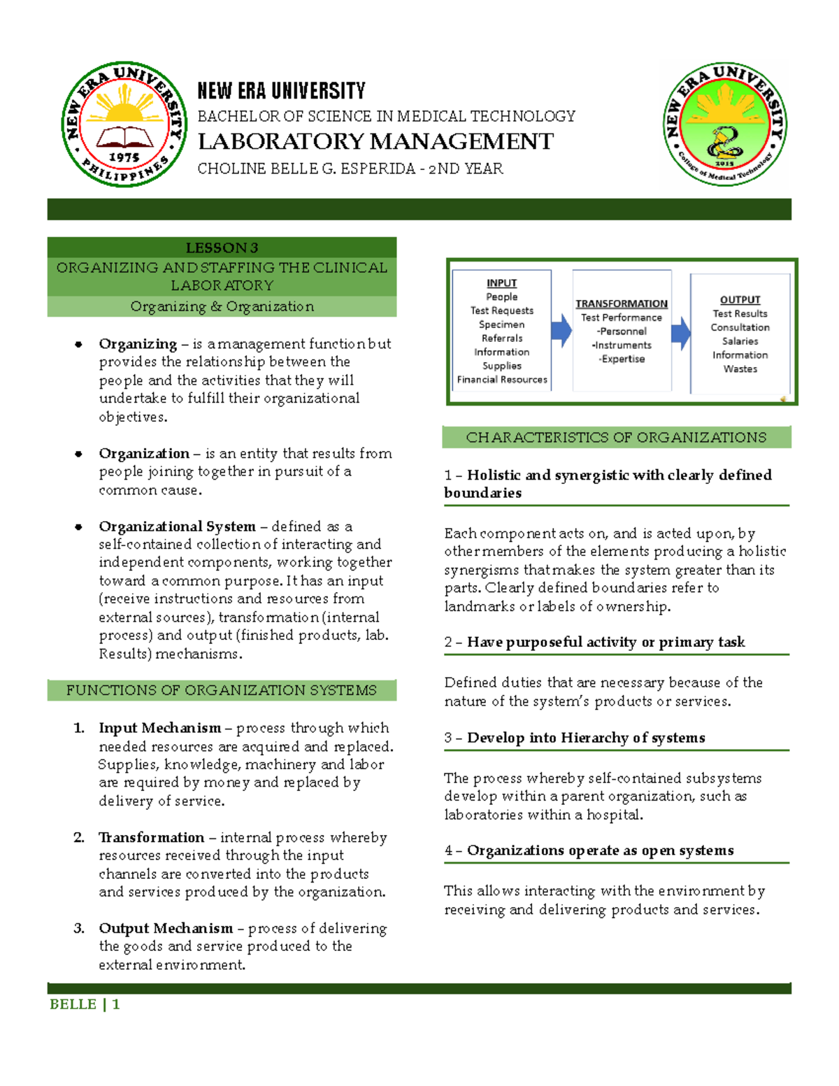 Laboratory Management Lesson 3 - NEW ERA UNIVERSITY BACHELOR OF SCIENCE ...