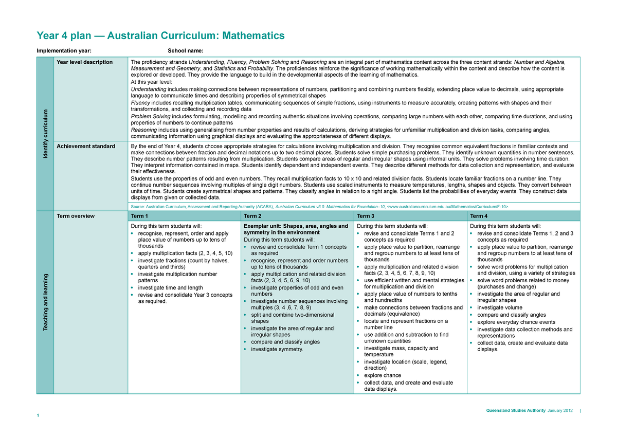 Ac maths Year 4 plan - Year 4 plan — Australian Curriculum: Mathematics ...