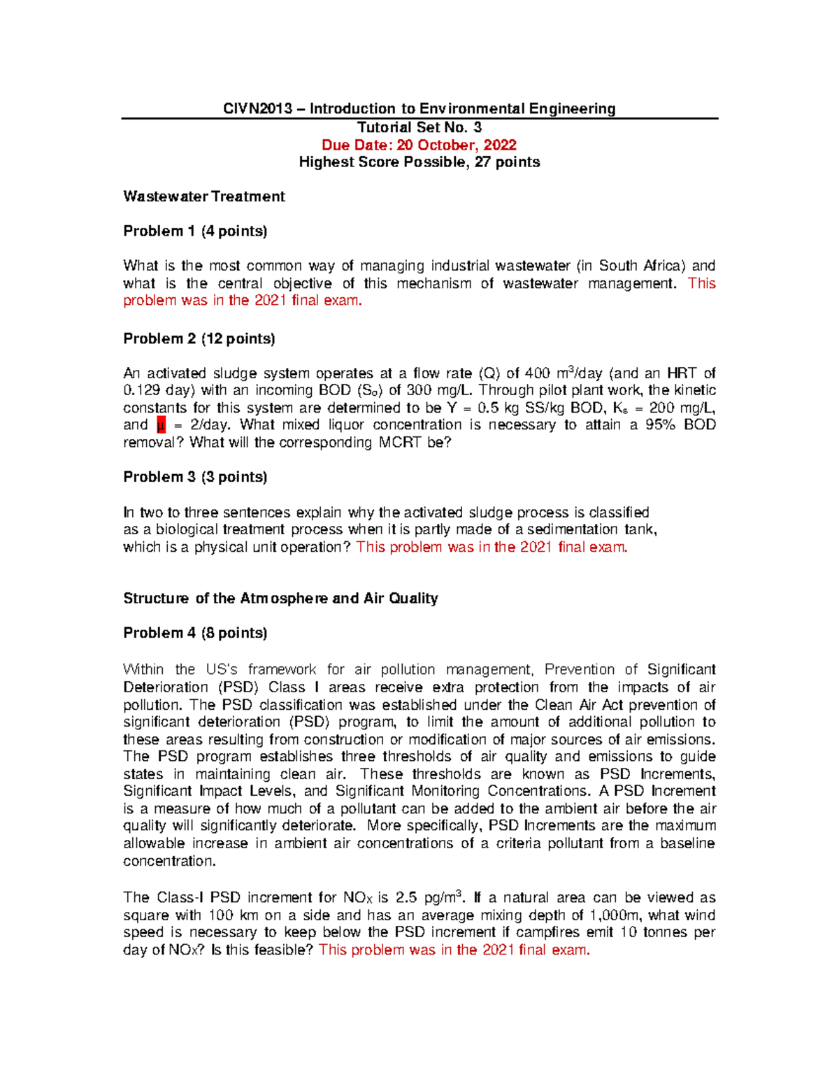 Tut Set 3 Problem Statements - CIVN2013 – Introduction to Environmental Engineering Tutorial Set ...