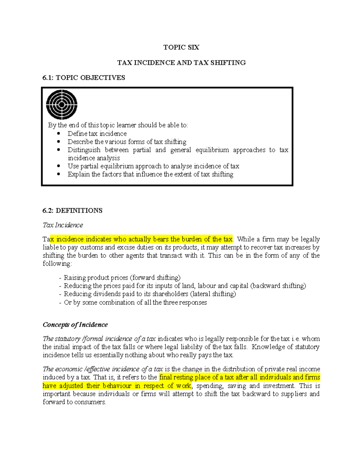 Lesson 6 - Course - TOPIC SIX TAX INCIDENCE AND TAX SHIFTING 6: TOPIC ...