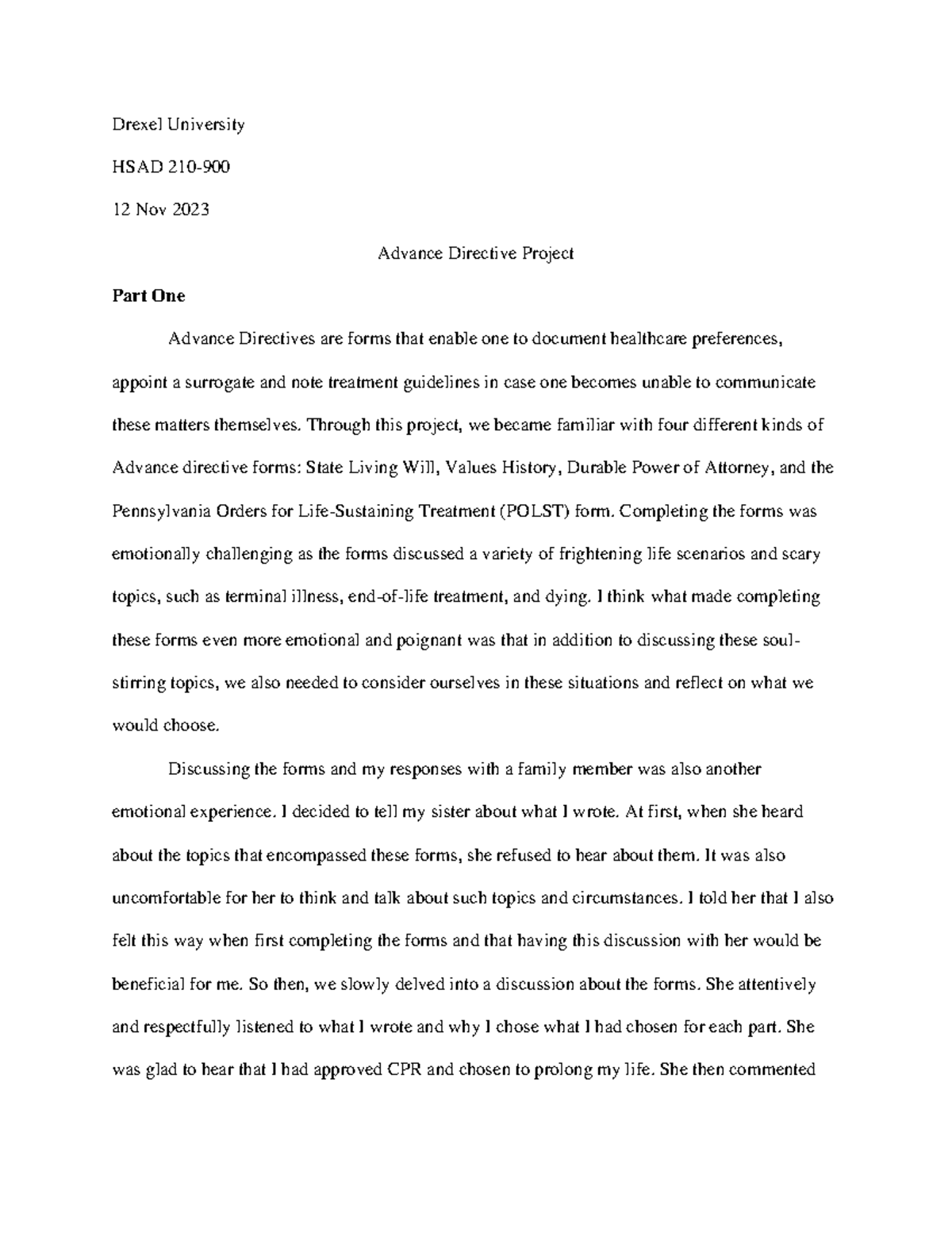 Advance Directives Essay - Drexel University HSAD 210- 900 12 Nov 2023 ...