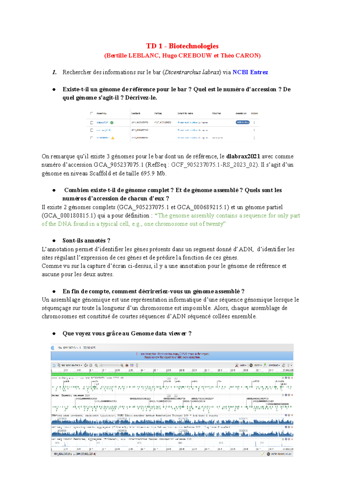 TD1 - TD 1 - Biotechnologies (Bertille LEBLANC, Hugo CREBOUW et Théo CARON) Rechercher des - Studocu