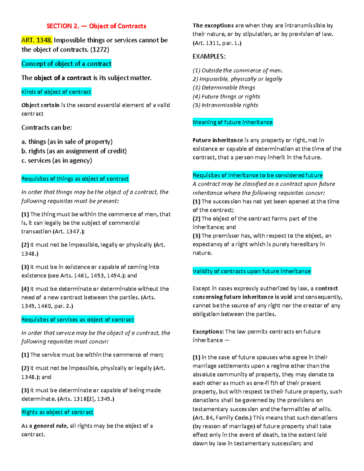 Art 1348- 1358 Summary of OBLICON by DE LEON - SECTION 2. — Object of ...