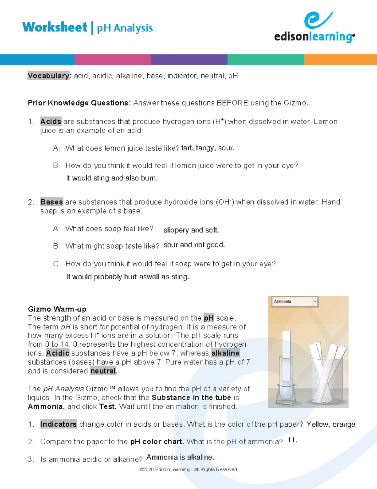 Science p H analysis - This is a gizmo worksheet. - Vocabulary: acid ...