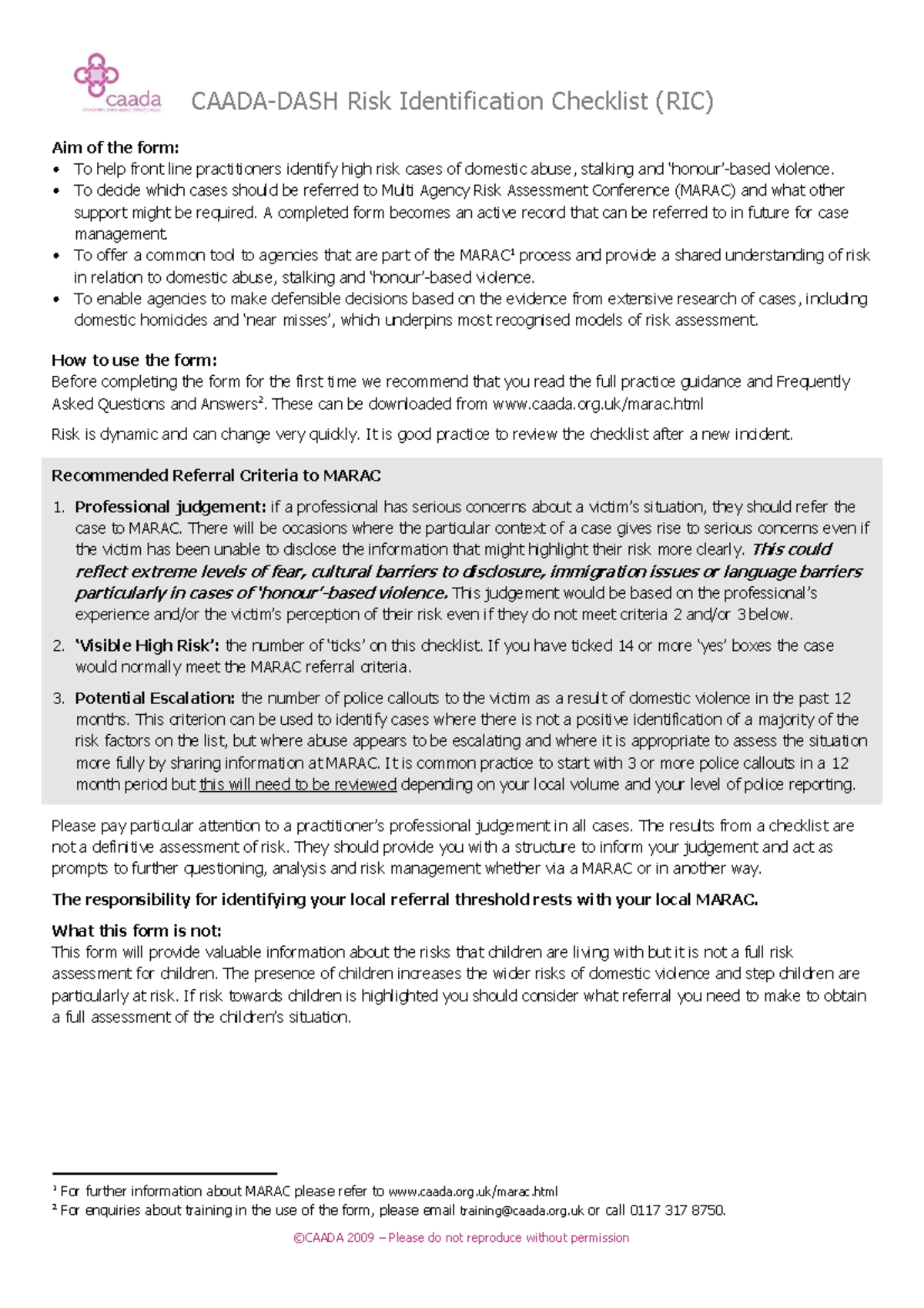 Caada dash risk indentification checklist - - Studocu