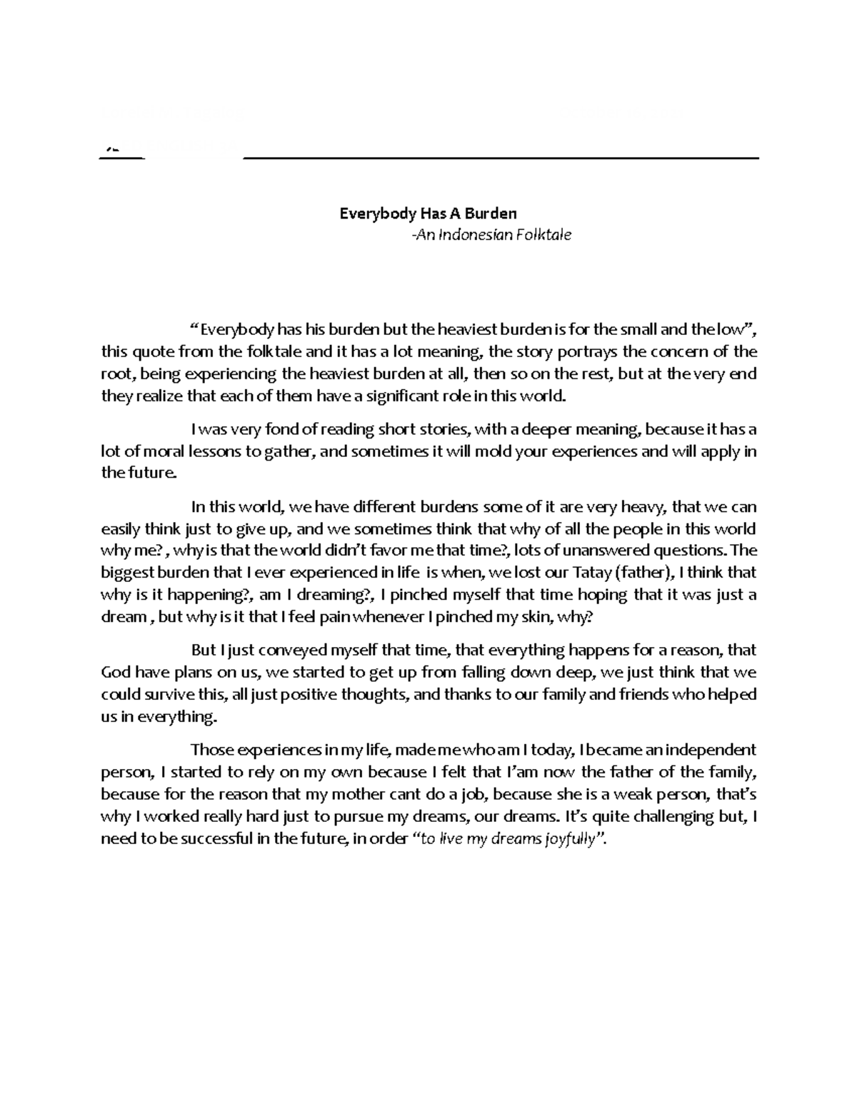 Everybody Has A Burden -An Indonesian Folktale - Lorelei M. Tagalog ...