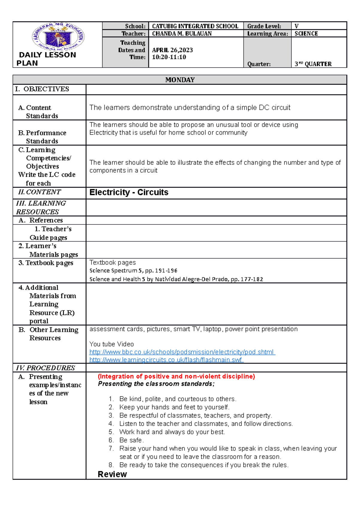 Cot 1 2022-2023 Science 5 Quarter 3 WEEK 8 1st copy - DAILY LESSON PLAN ...