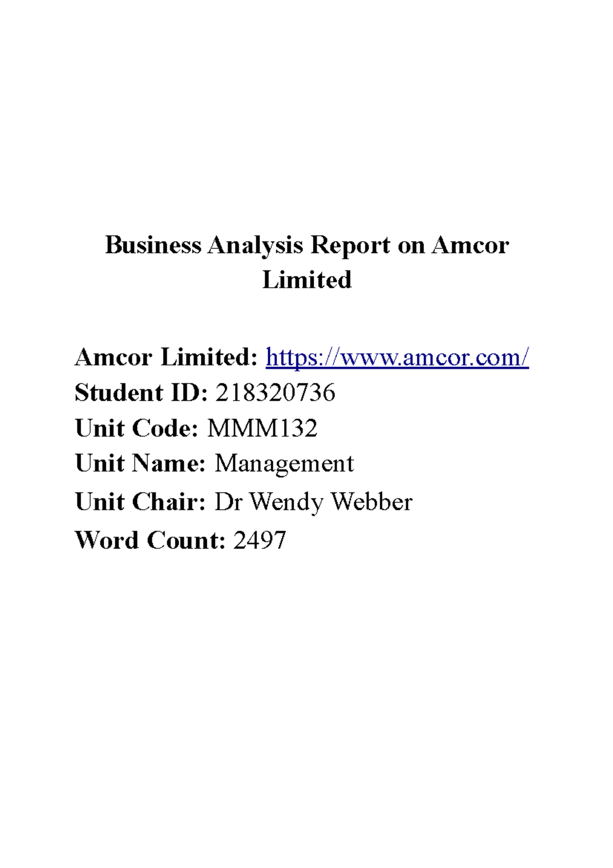 A1.3 Business Report (Amcor) - Business Analysis Report on Amcor ...