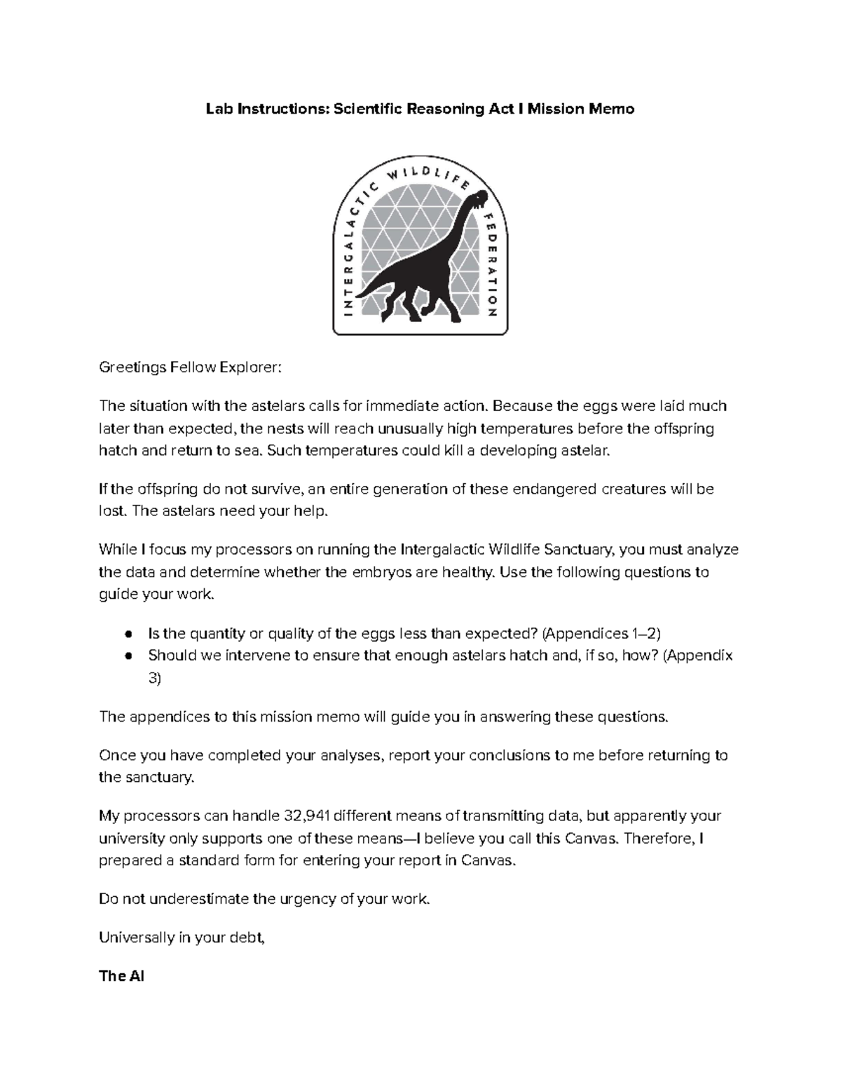 Lab Instructions Scientific Reasoning Act I Mission Memo (Fall B 2023 ...