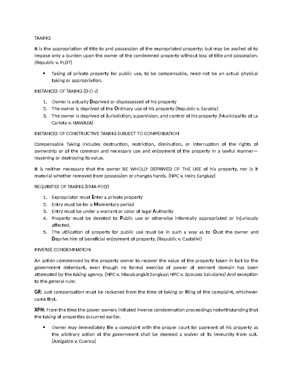 PART 2 Eminent Domain - Summary Constitutional Law - TAKING It is the ...