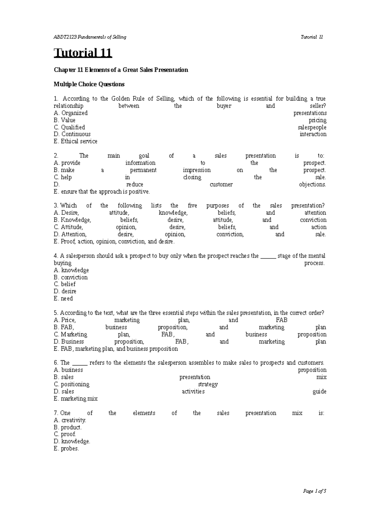 Tutorial 11-CHP11-WK11 - ABDT2123 Fundamentals of Selling Tutorial 11 Tutorial 11 Chapter 11 ...