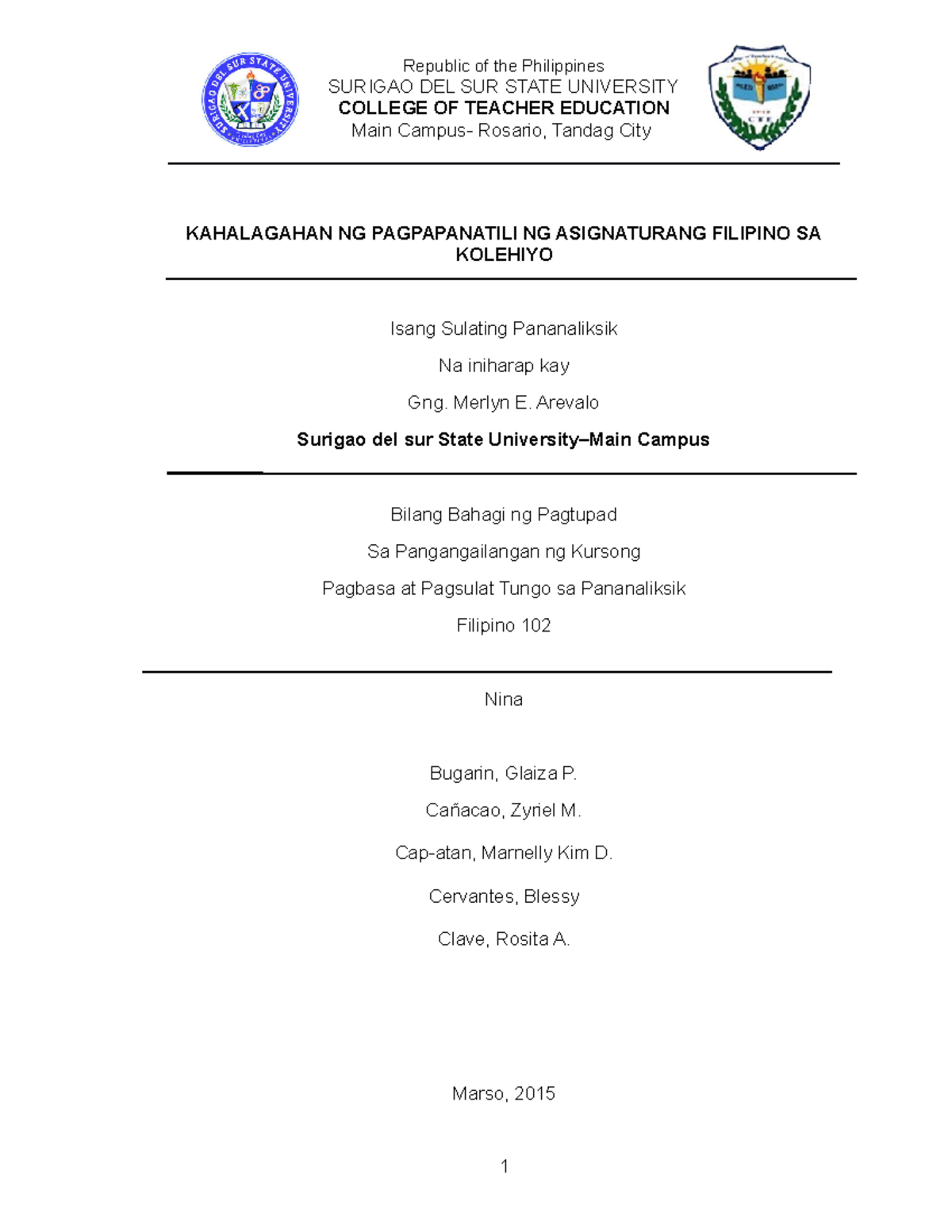 Dokumen - filipino essay - SURIGAO DEL SUR STATE UNIVERSITY COLLEGE OF ...