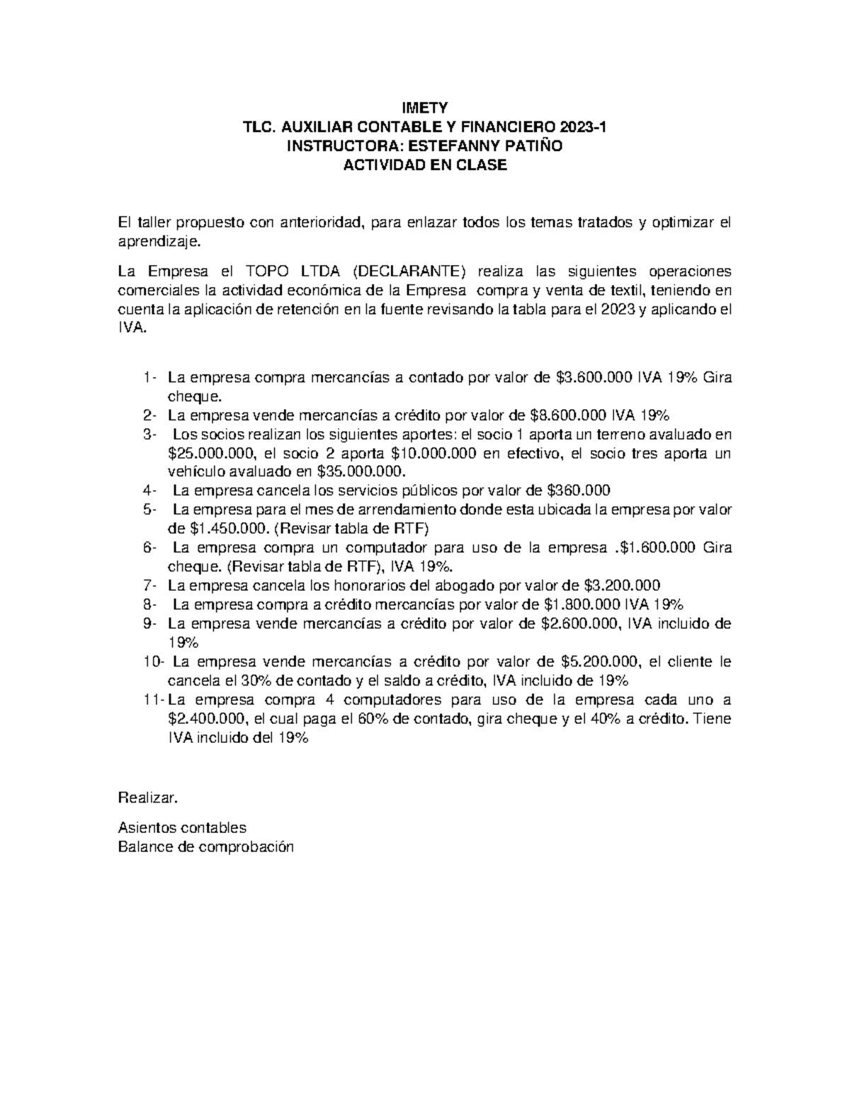 Actividad Balance DE Comprobacion - IMETY TLC. AUXILIAR CONTABLE Y FINANCIERO 2023- 1 ...