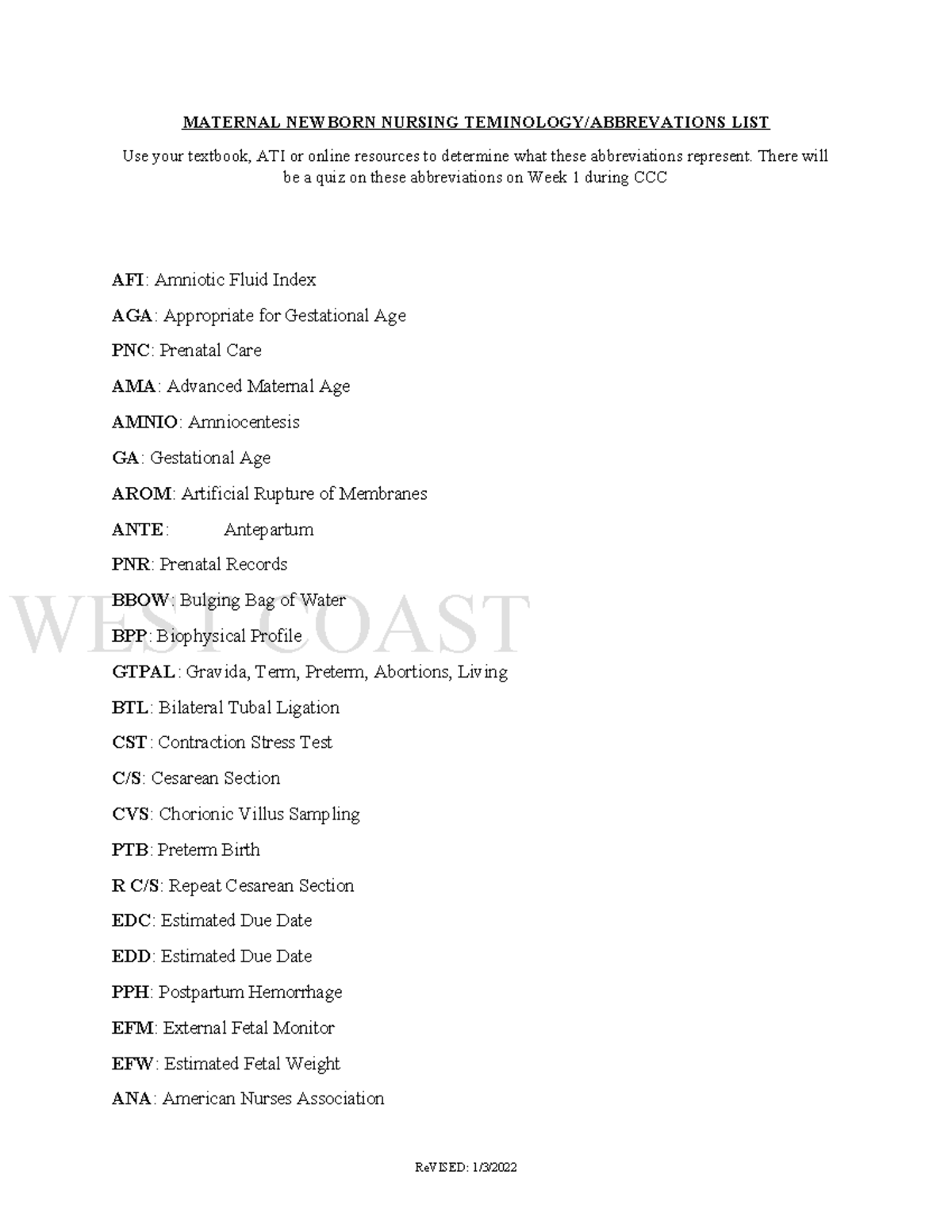N316 OB Abbreviations - Not applicable - WEST COAST MATERNAL NEWBORN ...