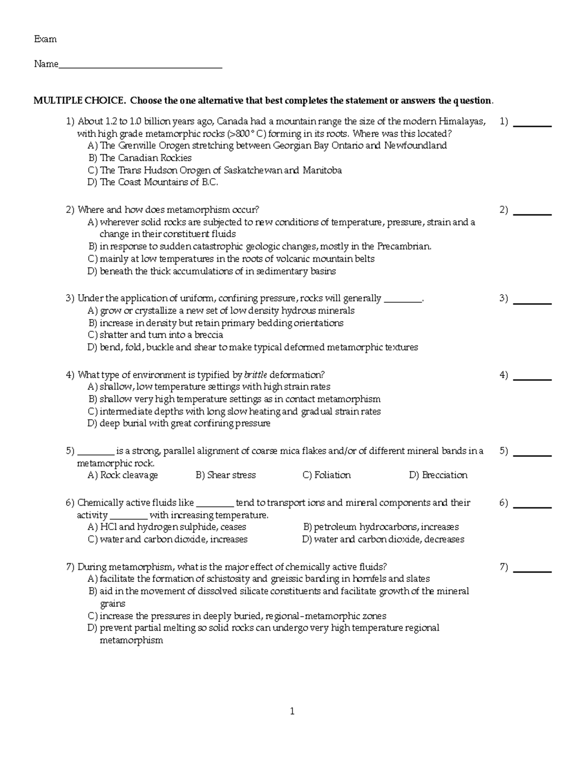 Chapter 7 civi 231 test bank - Exam Name ...