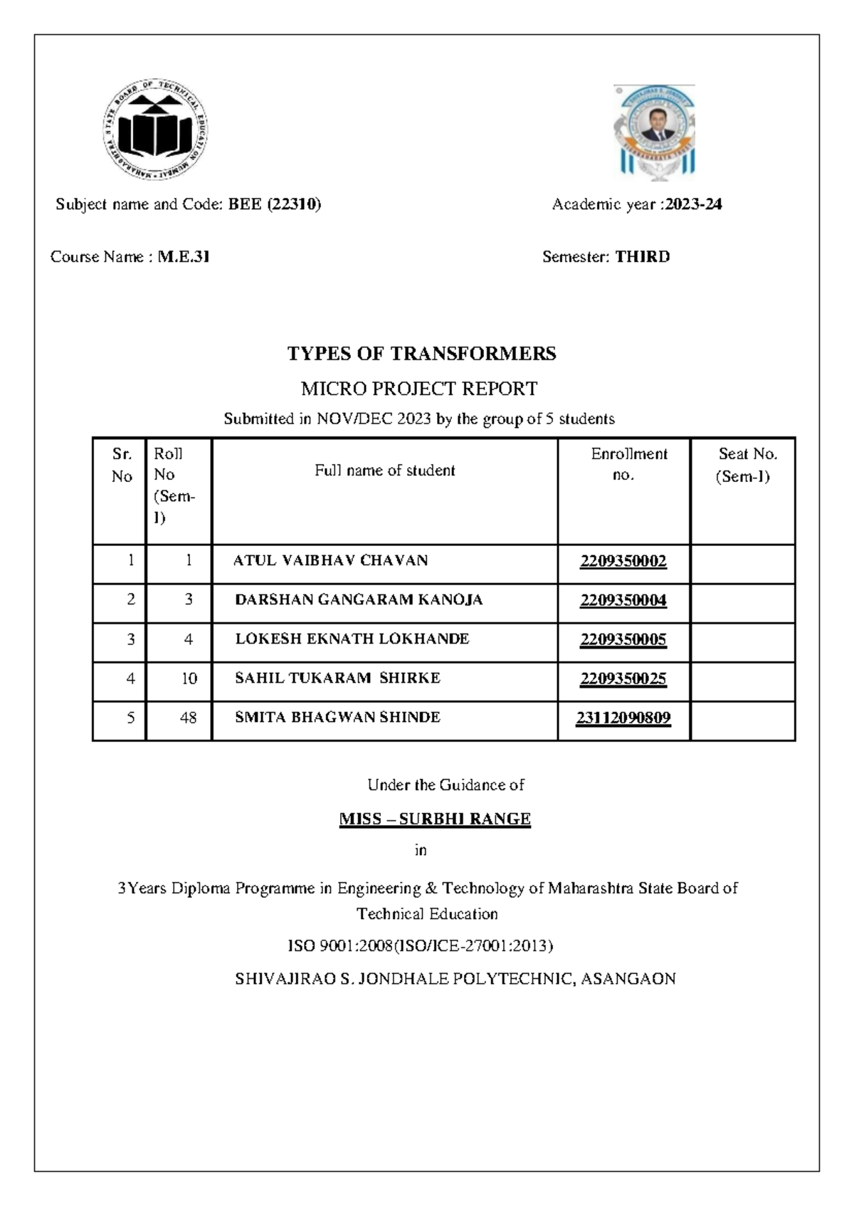 BEE Micro Project - for tutorial - TYPES OF TRANSFORMERS MICRO PROJECT REPORT Submitted in NOV ...
