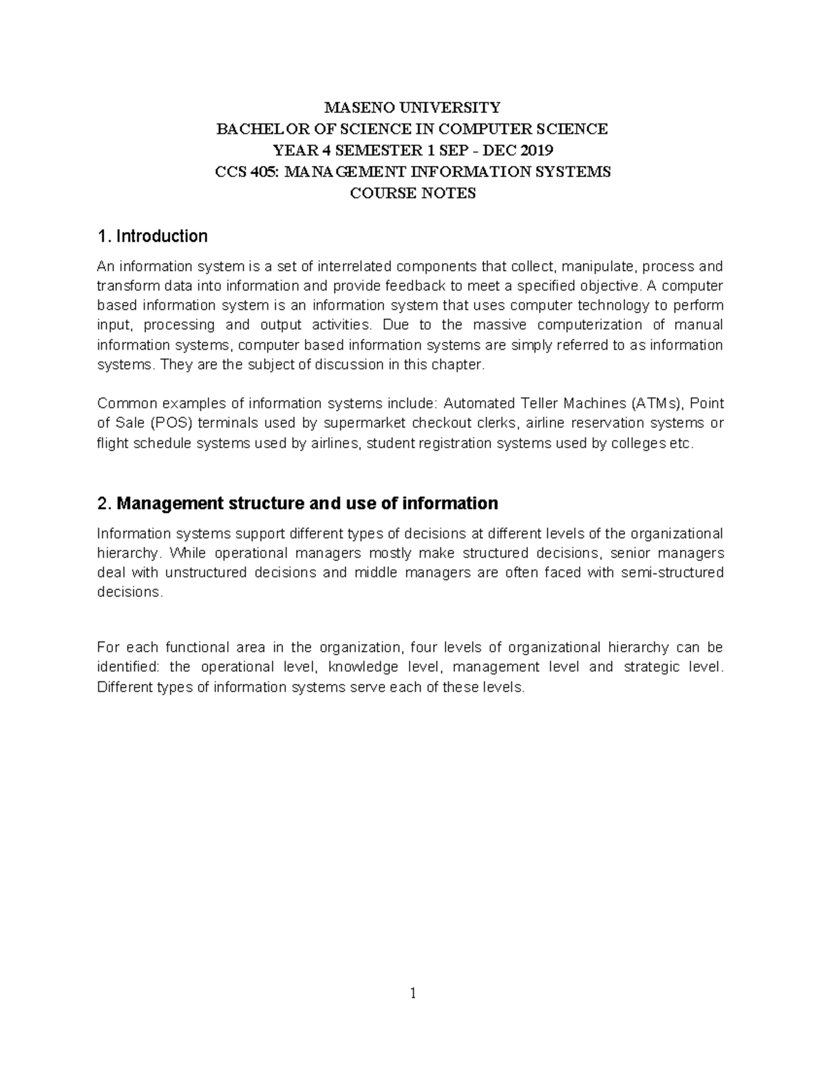 Management Information System lecture Notes CCS 405 - MASENO UNIVERSITY ...