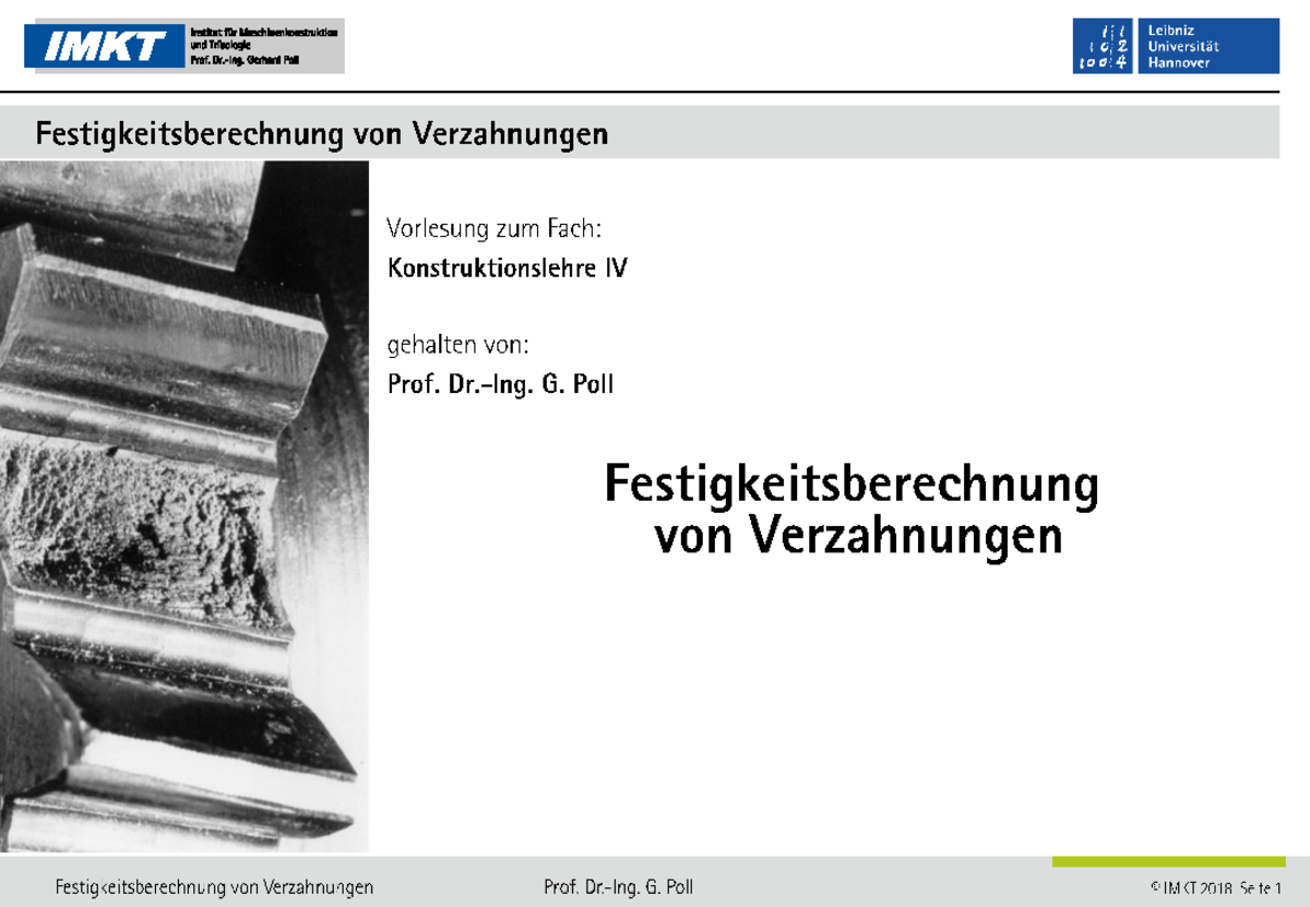 Festigkeit von Verzahnung - konstruktionslehre III/Iv