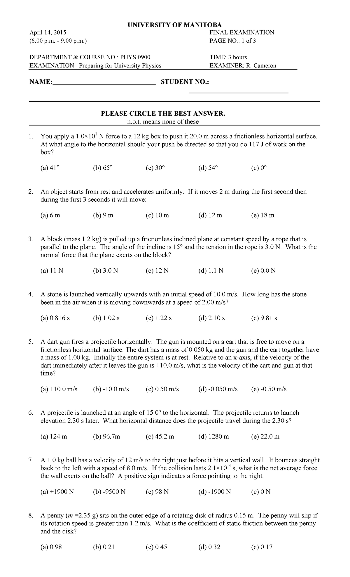 Sample/practice exam 2014, questions and answers - UNIVERSITY OF ...