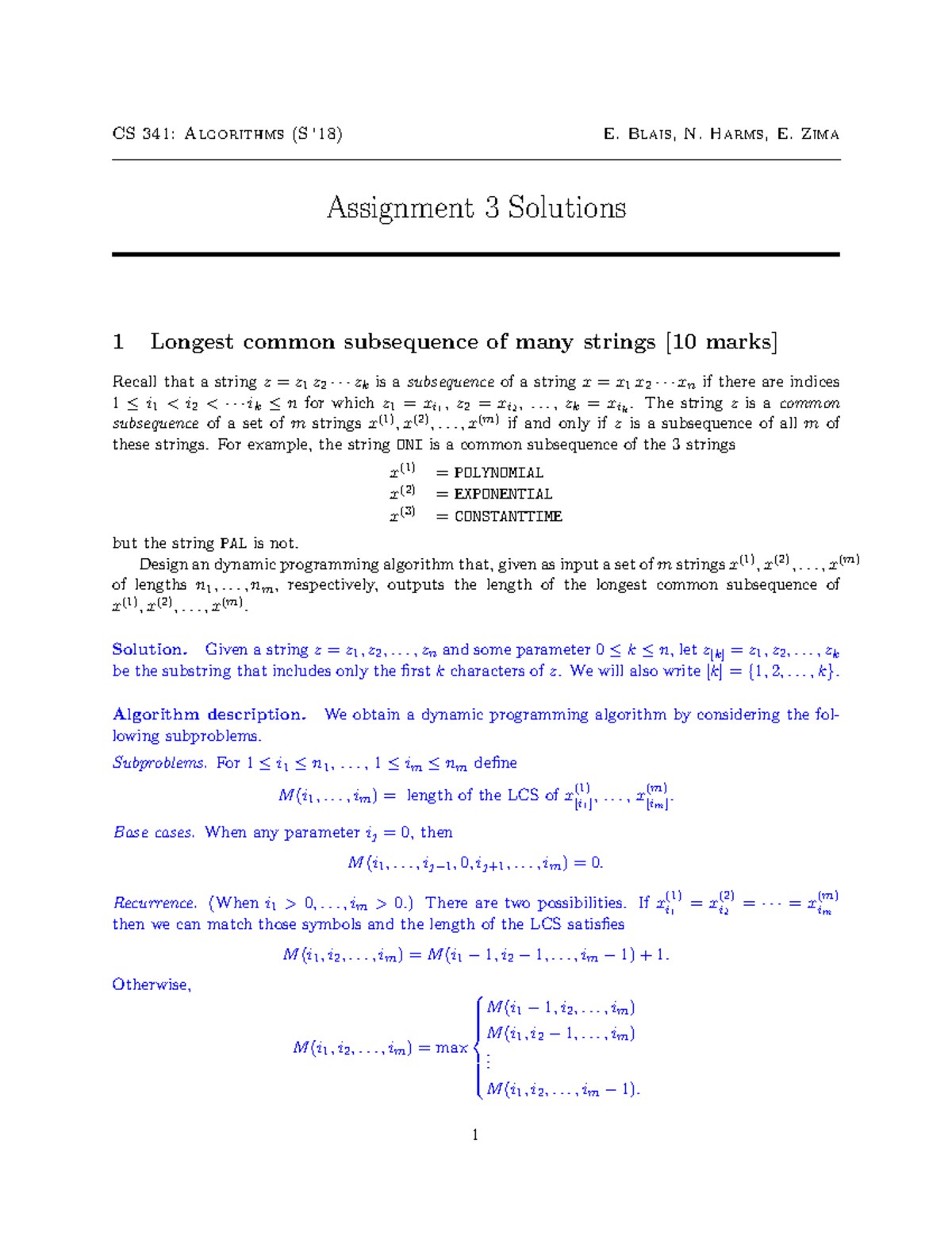Assignment 3Solutions - CS 341: Algorithms (S ’18) E. Blais, N. Harms, E. Zima Assignment 3 ...