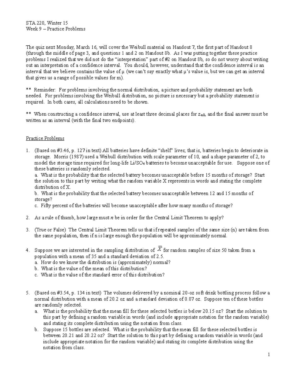 Week9 Practice Problems Weibull Xbar Distr ZCI - STA 220, Winter 15 ...