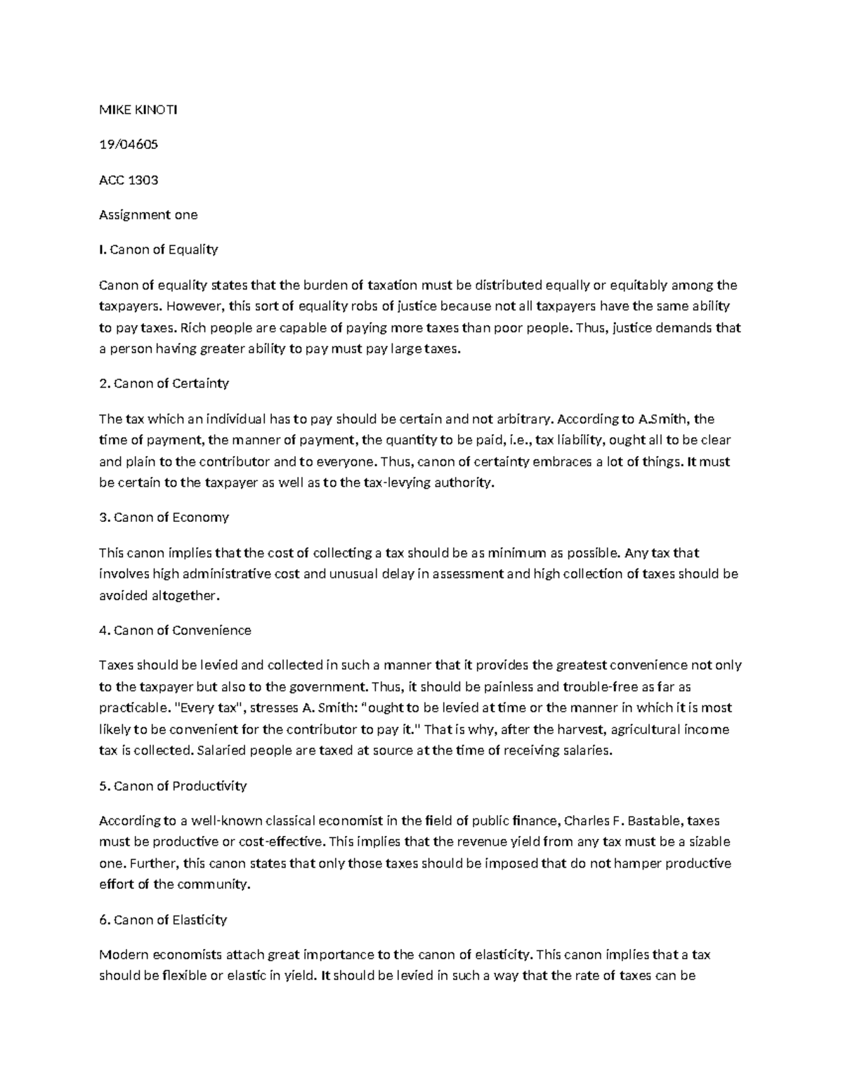 Introduction to taxation - MIKE KINOTI 19/ ACC 1303 Assignment one I ...