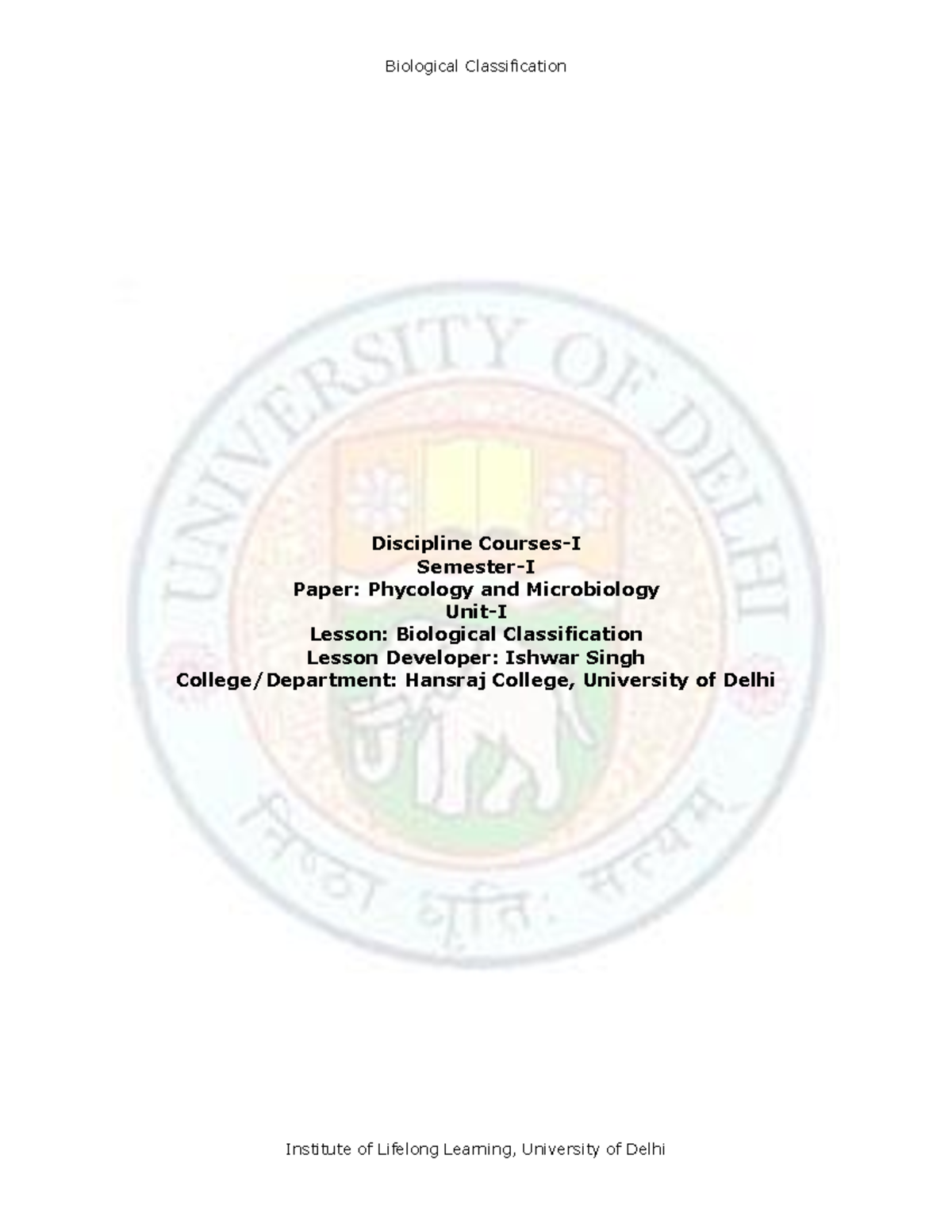 Biological classification - Discipline Courses-I Semester-I Paper ...