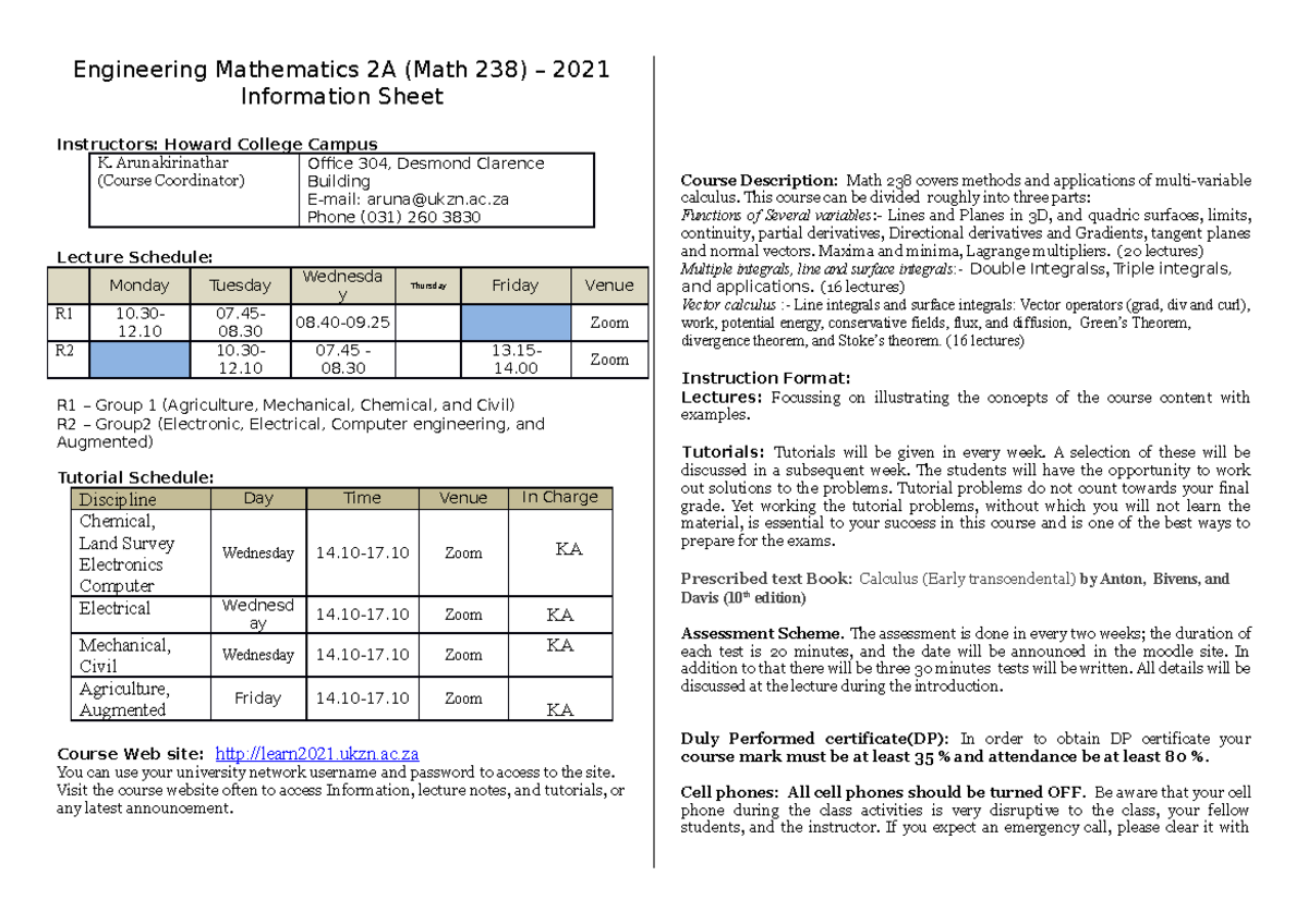 Math 2A-info - Math - Engineering Mathematics 2A (Math 238) – 2021 ...