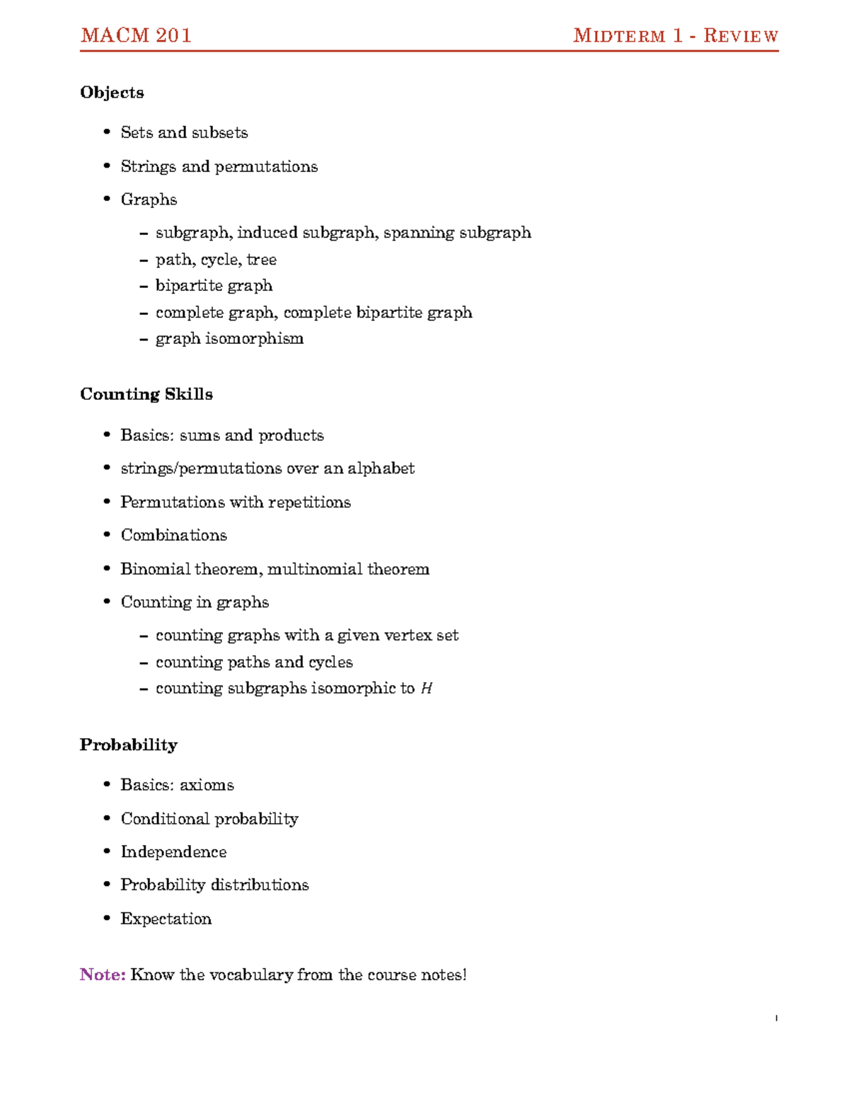 Previous Exam Midterm Summary - MACM 201 MIDTERM1 - REVIEW Objects Sets and subsets Strings and ...