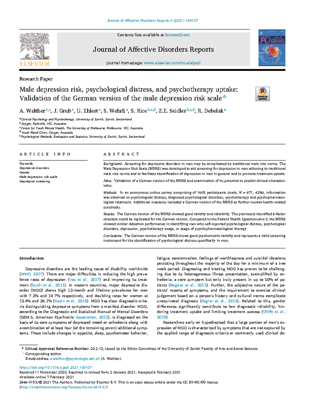 Male depression risk psychological distress and psychotherapy uptake ...