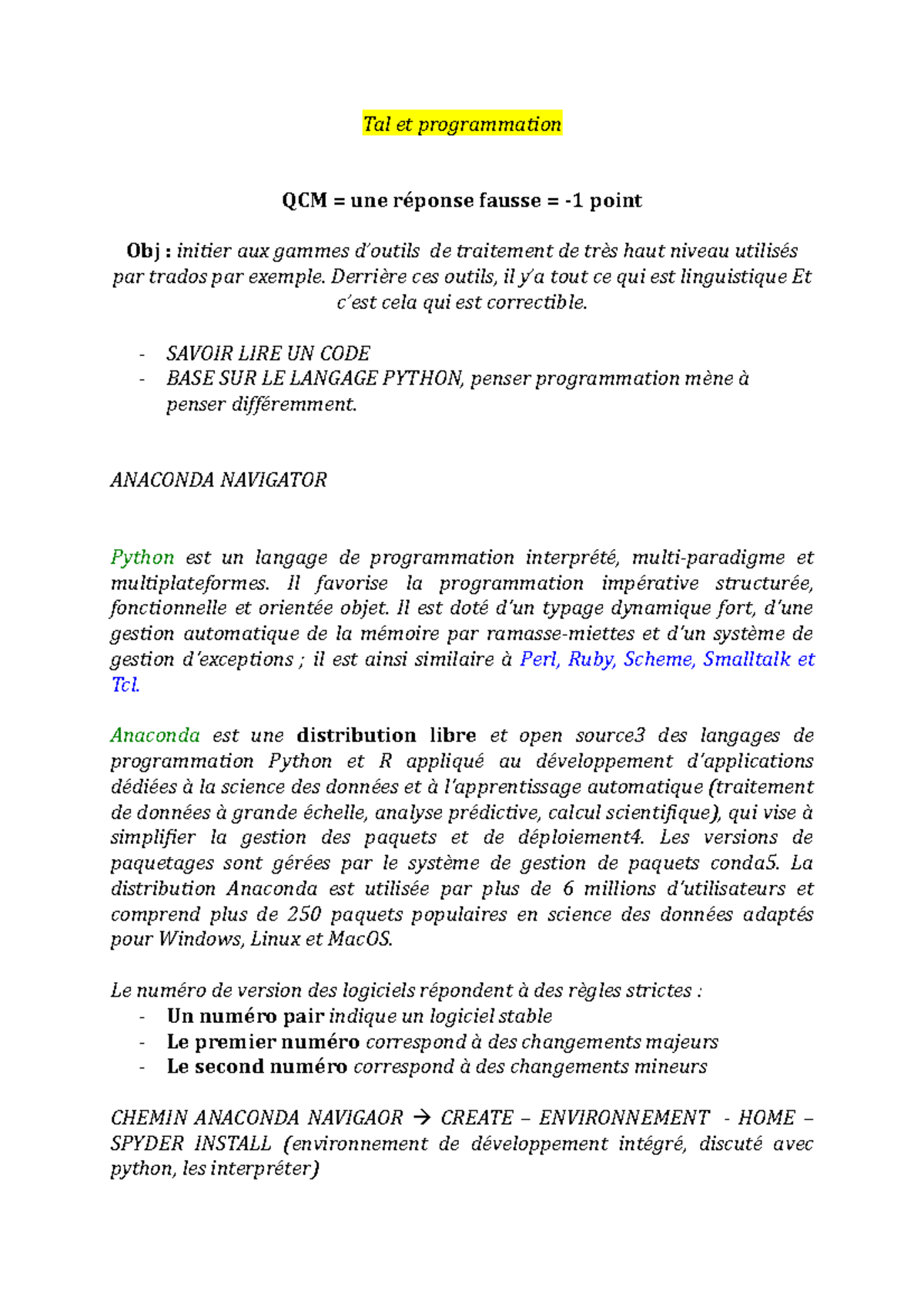 Tal et programmation - Notes de cours 5 - Tal et programmation QCM ...