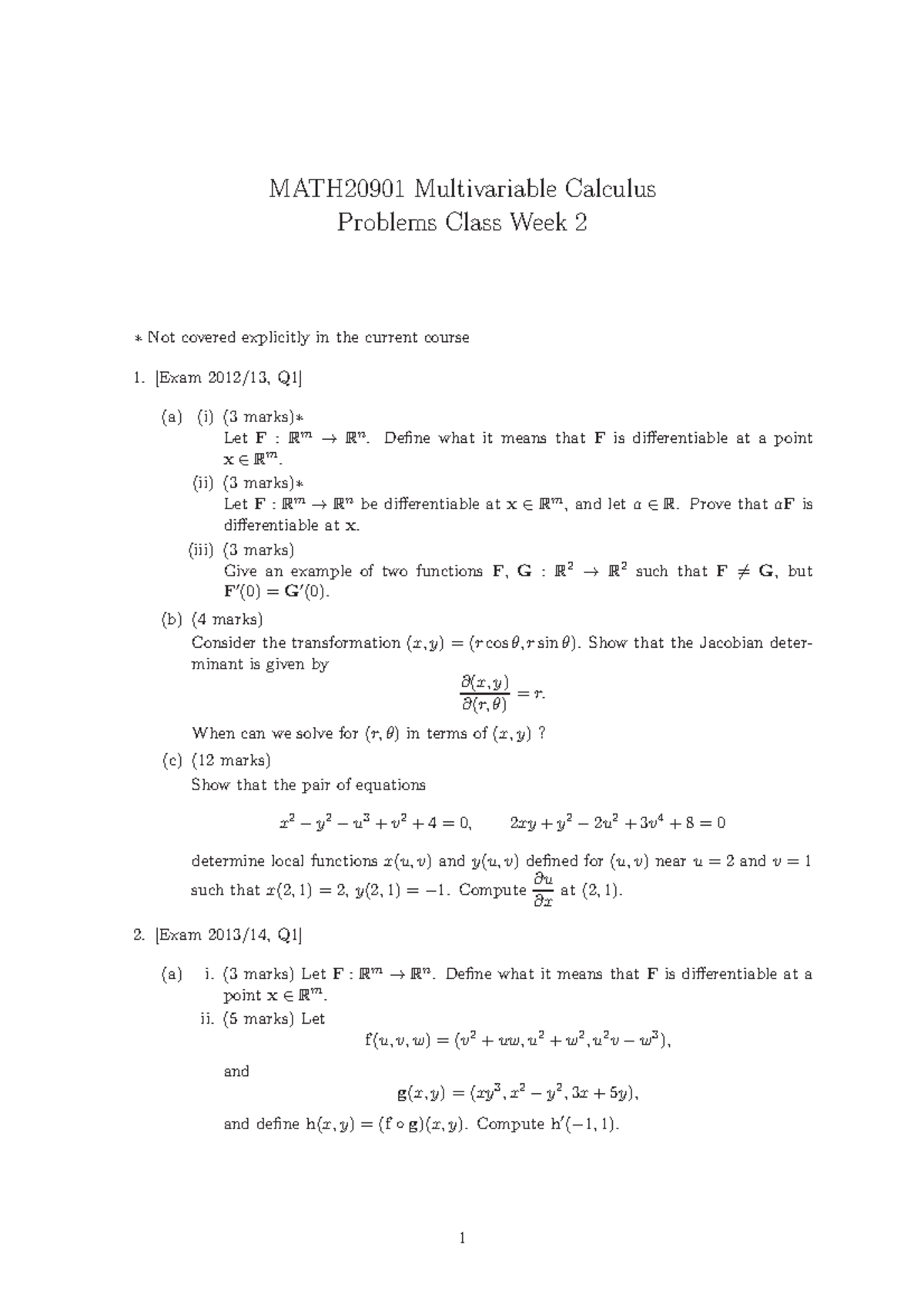 MATH20901 2014-2015 Problem Set 1 - MATH20901 Multivariable Calculus ...