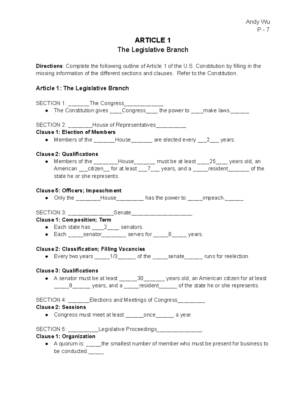 Article II Assignment - Andy Wu P - 7 ARTICLE 1 The Legislative Branch ...