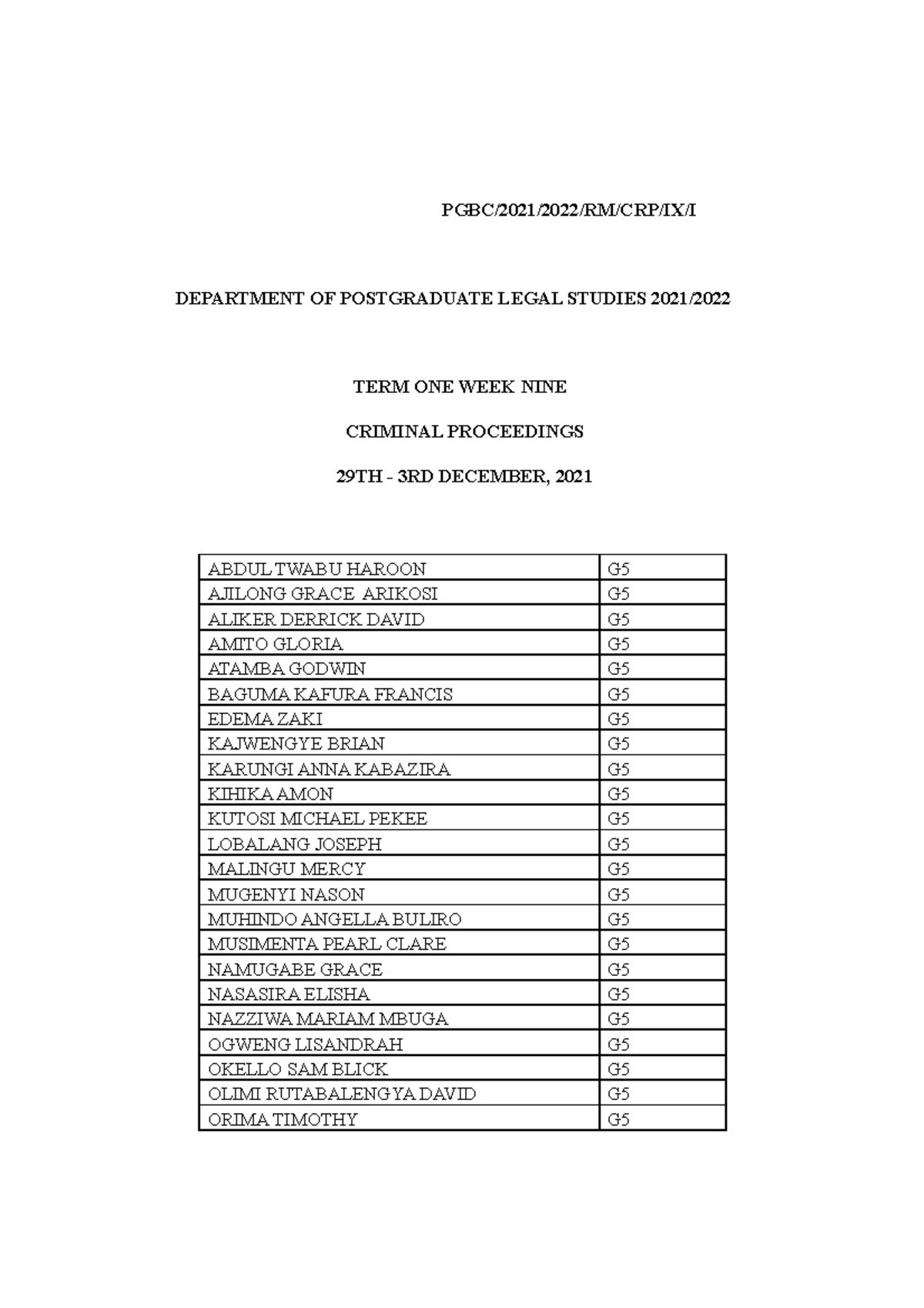 Workshop 1 Criminal Practice PGBC 2021 2022 RM CRP IX I TERM ONE WEEK