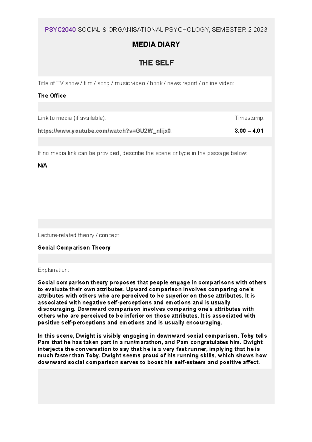 PSYC2040 S2 2023 Media Diary Example - PSYC2040 SOCIAL & ORGANISATIONAL ...