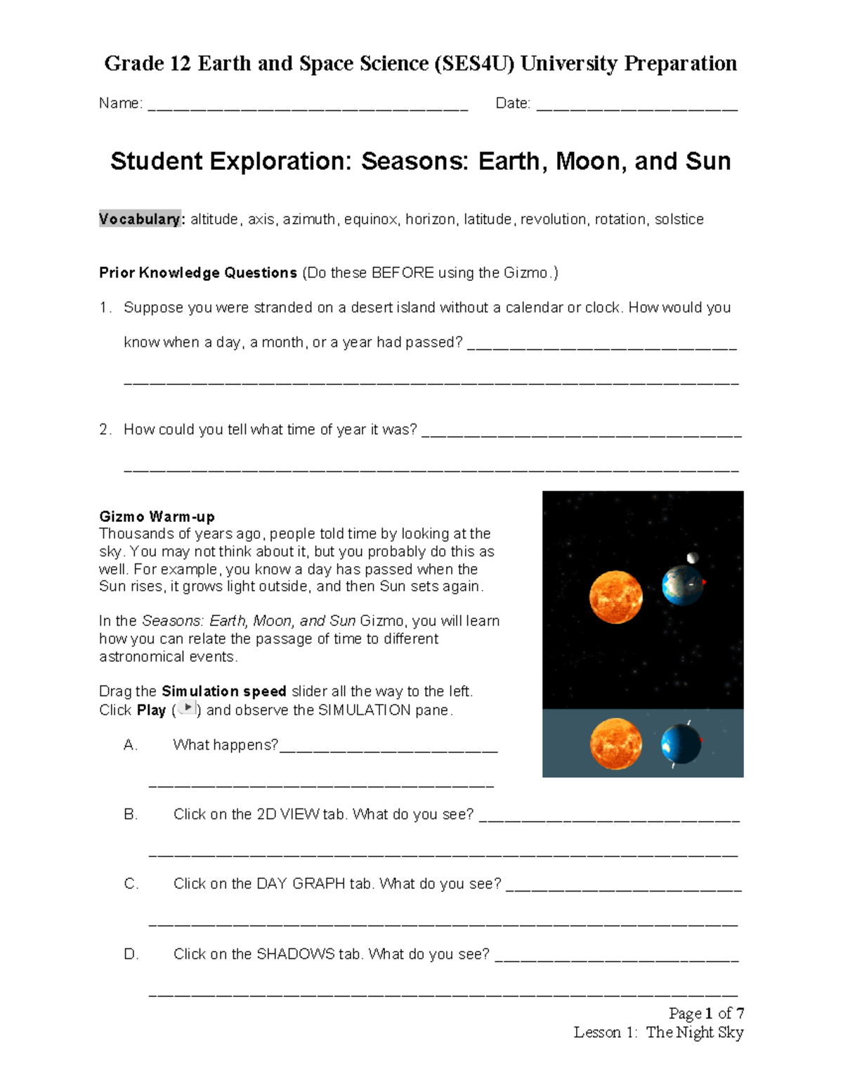 Lesson 1 Seasons Gizmo Worksheet - Name ...