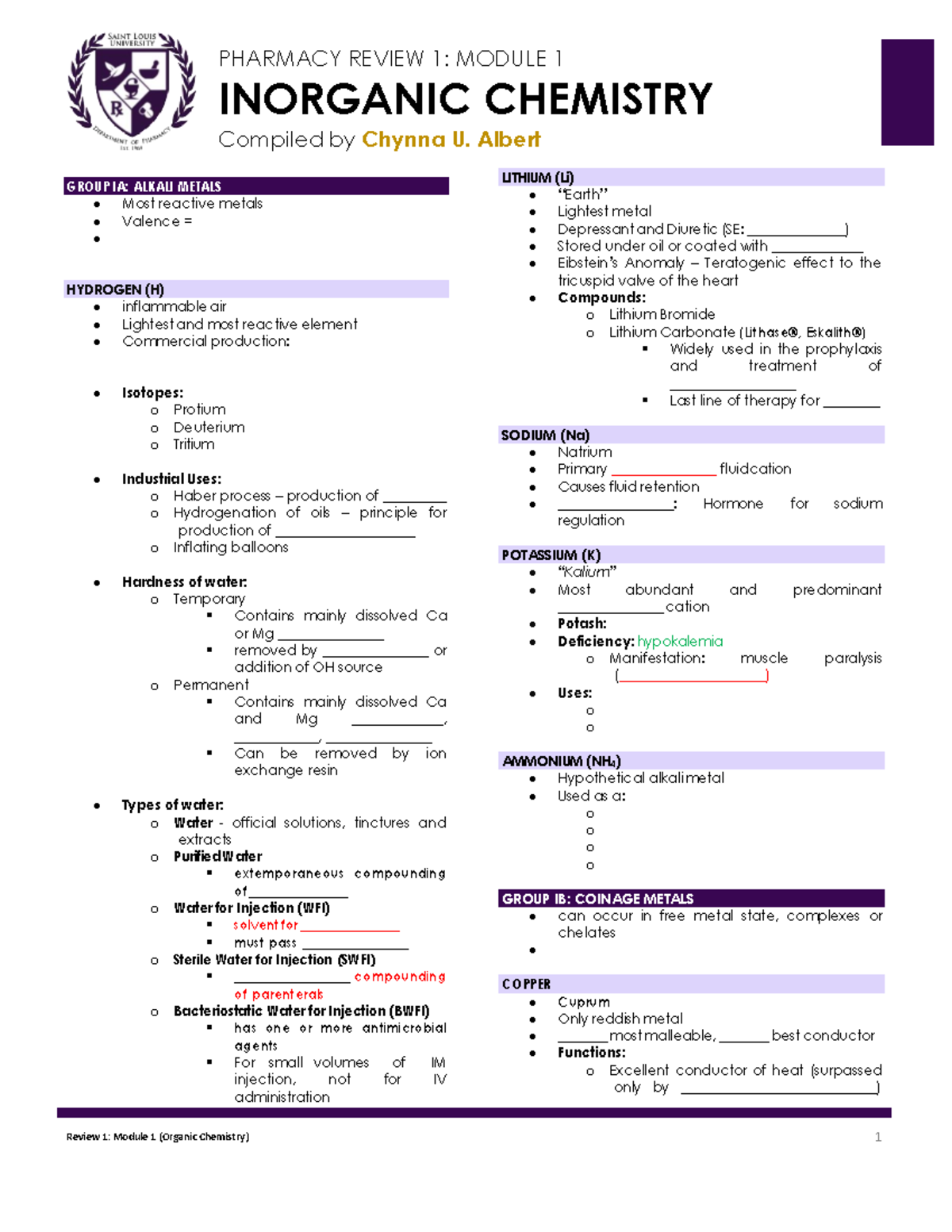 Inorganic Chemistry notes - PHARMACY REVIEW 1: MODULE 1 INORGANIC ...