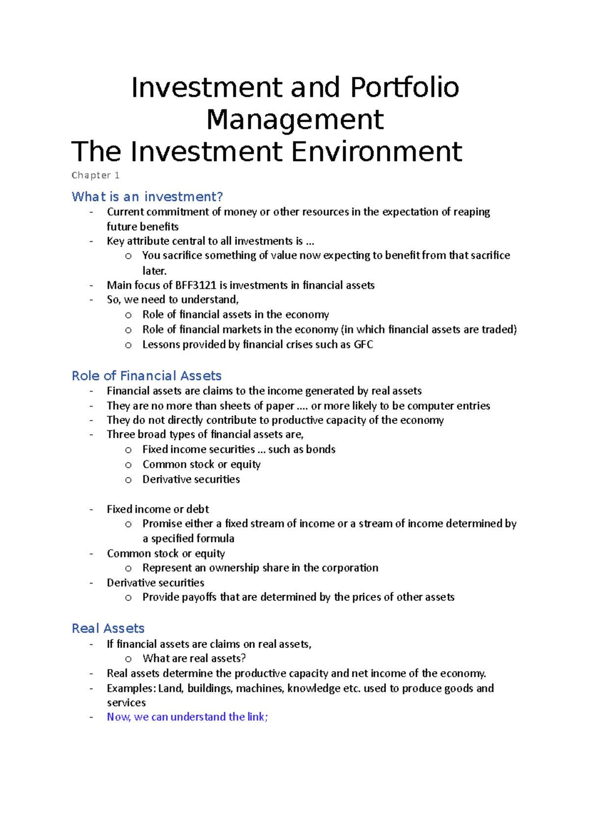 Investment and Portfolio Management Notes - BFF3121 - Monash - Studocu