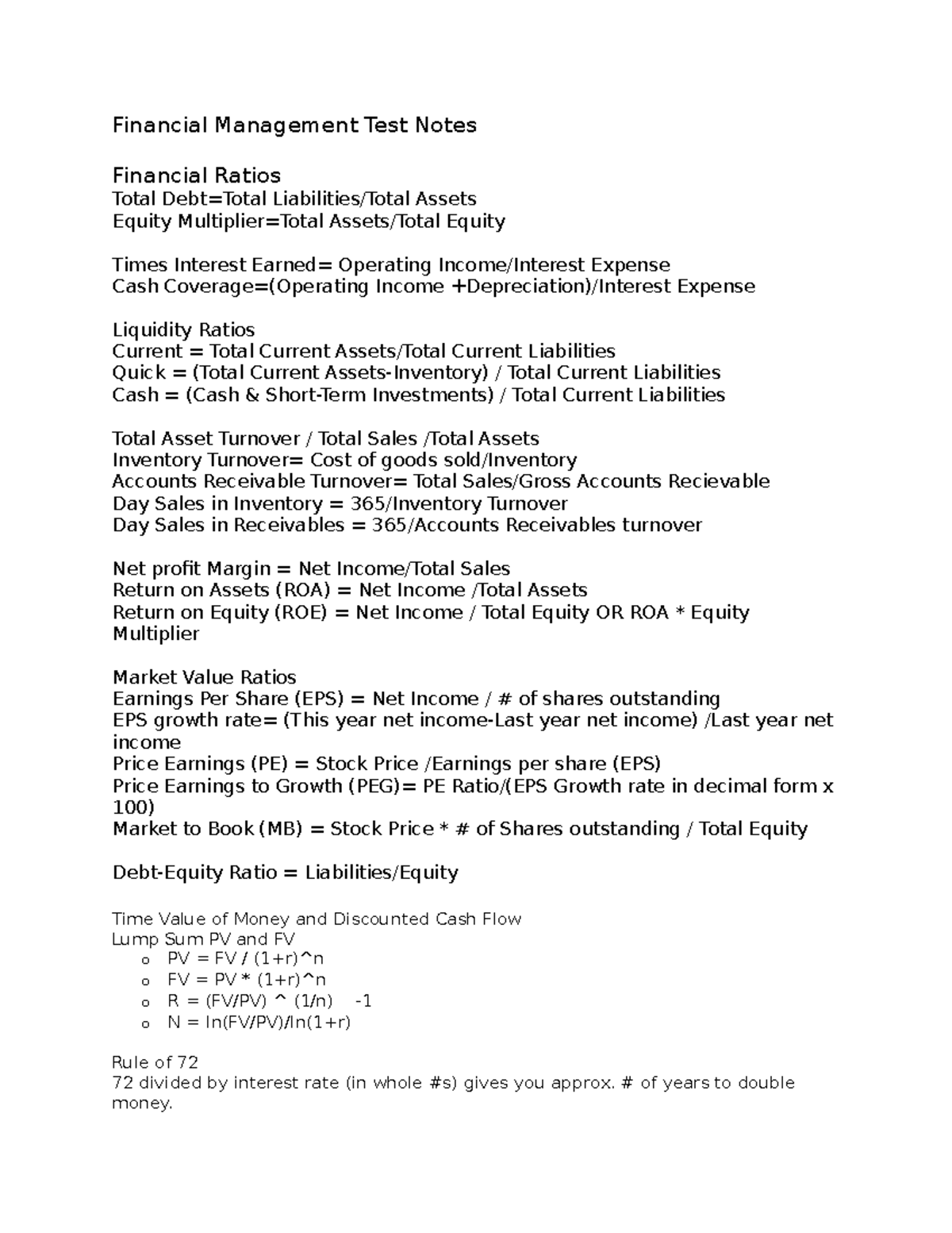 Financial Management Formula Sheet - Financial Management Test Notes ...