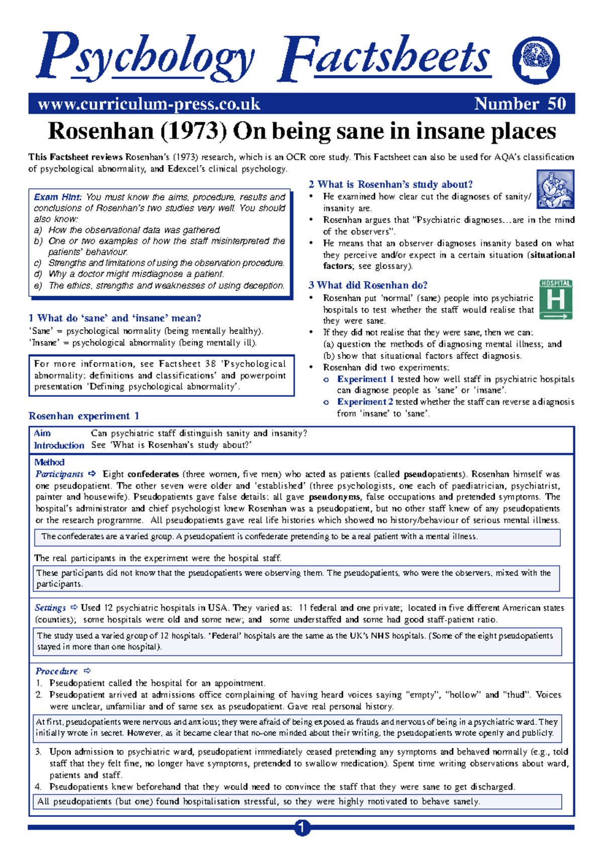 Rosenhan Worksheet - Psychology Factsheets Number 50 Rosenhan (1973) On ...