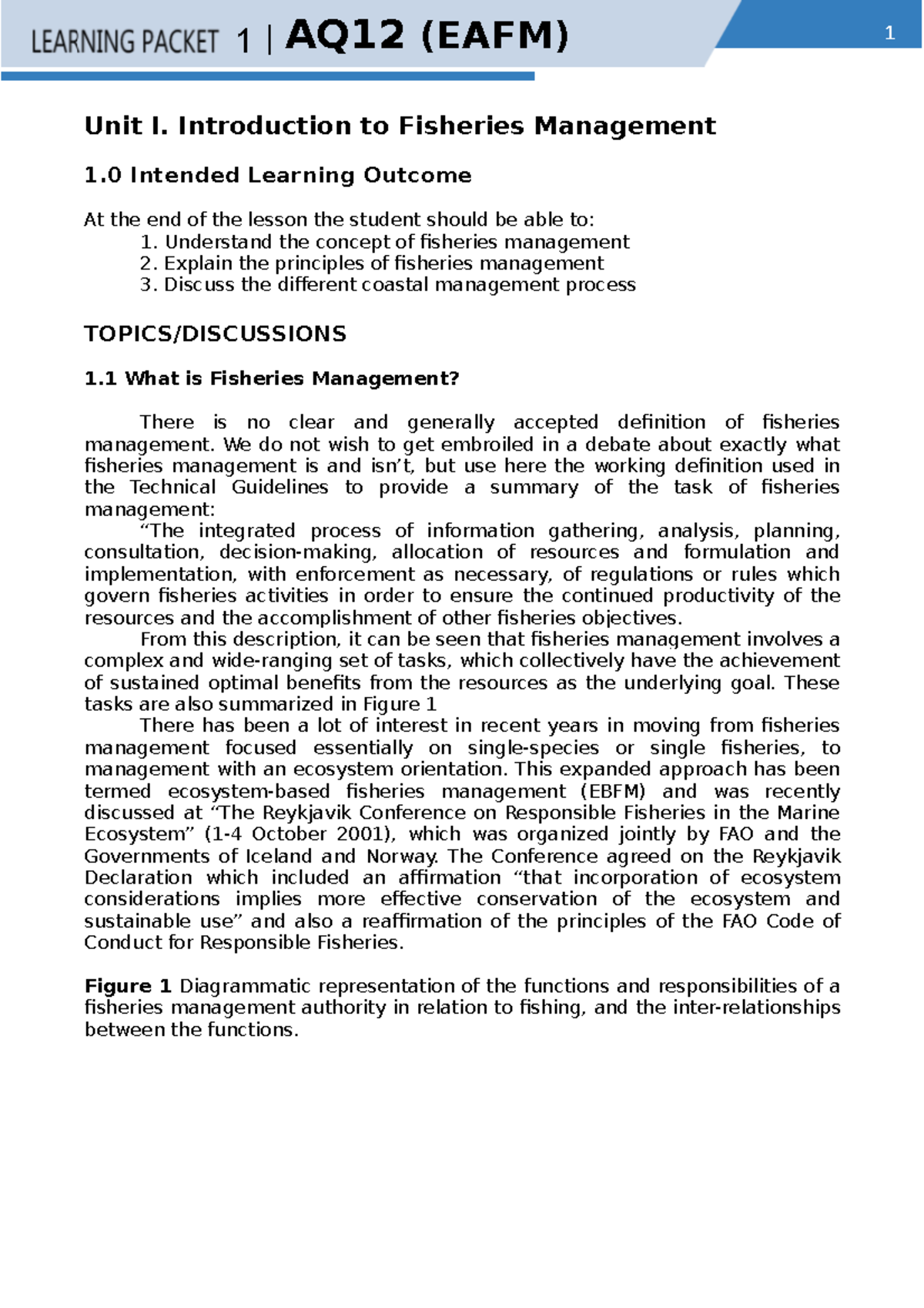 LP1 IN FS 16 EAFM - Lesson plan - Unit I. Introduction to Fisheries ...