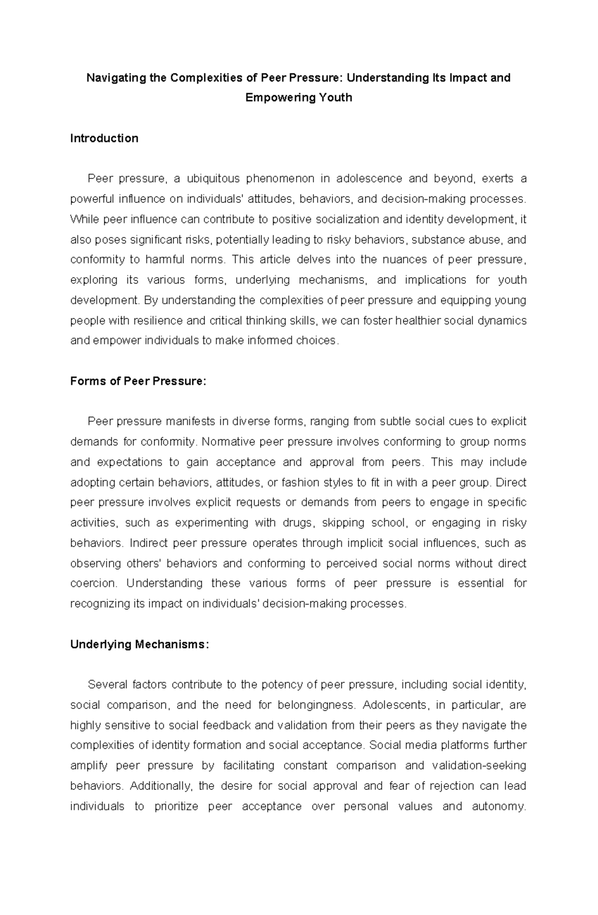 Peer pressure - ASSESSMENT - Navigating the Complexities of Peer ...