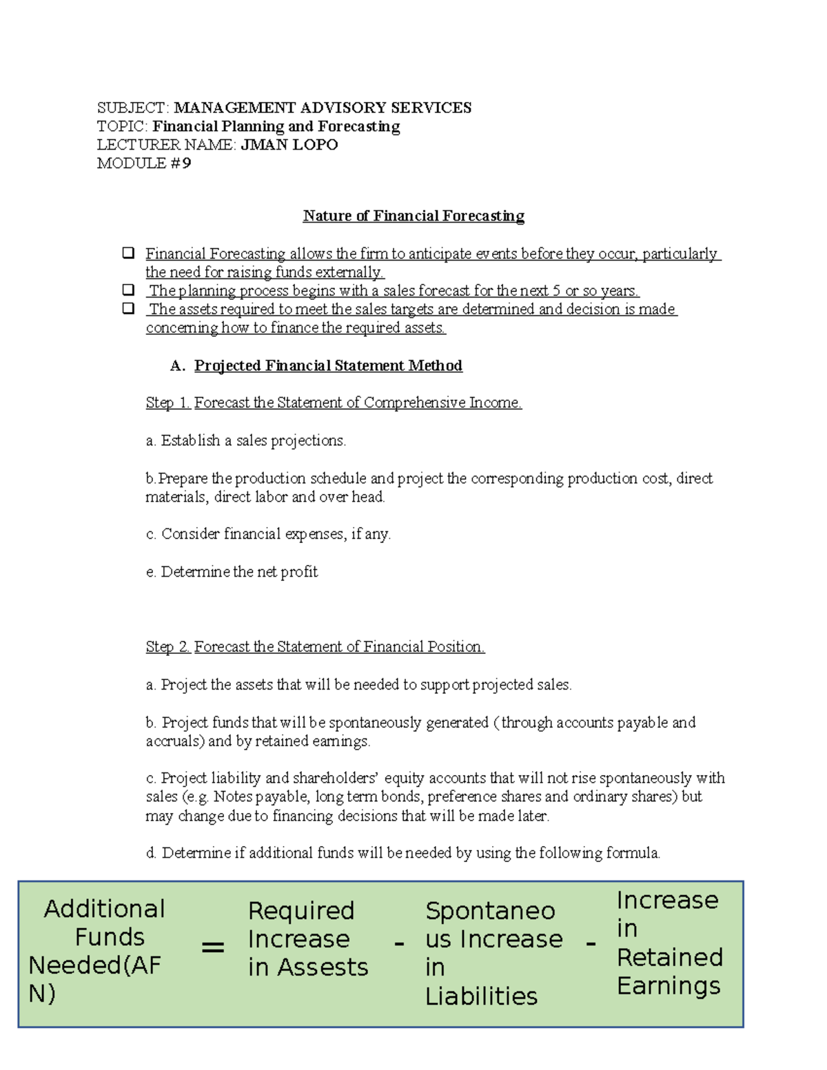 Module 8 UE F2F Financial Forecasting - SUBJECT: MANAGEMENT ADVISORY ...